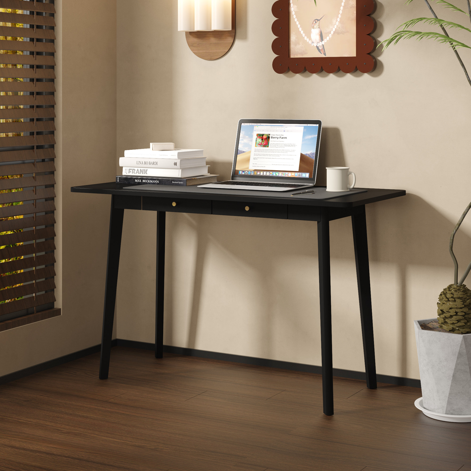 George Oliver Solid Wood Writing Desk With Drawers And Minimalist ...