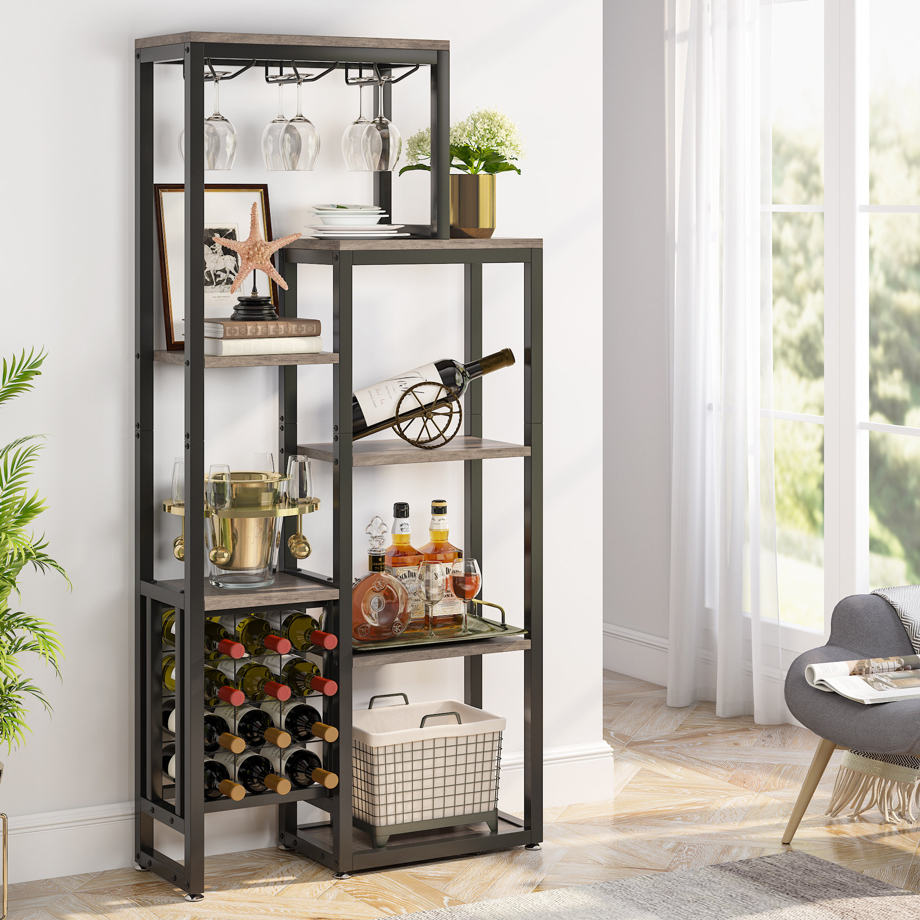 17 Stories Freestanding Wine Bakers Rack With Glass Holder And Wine ...