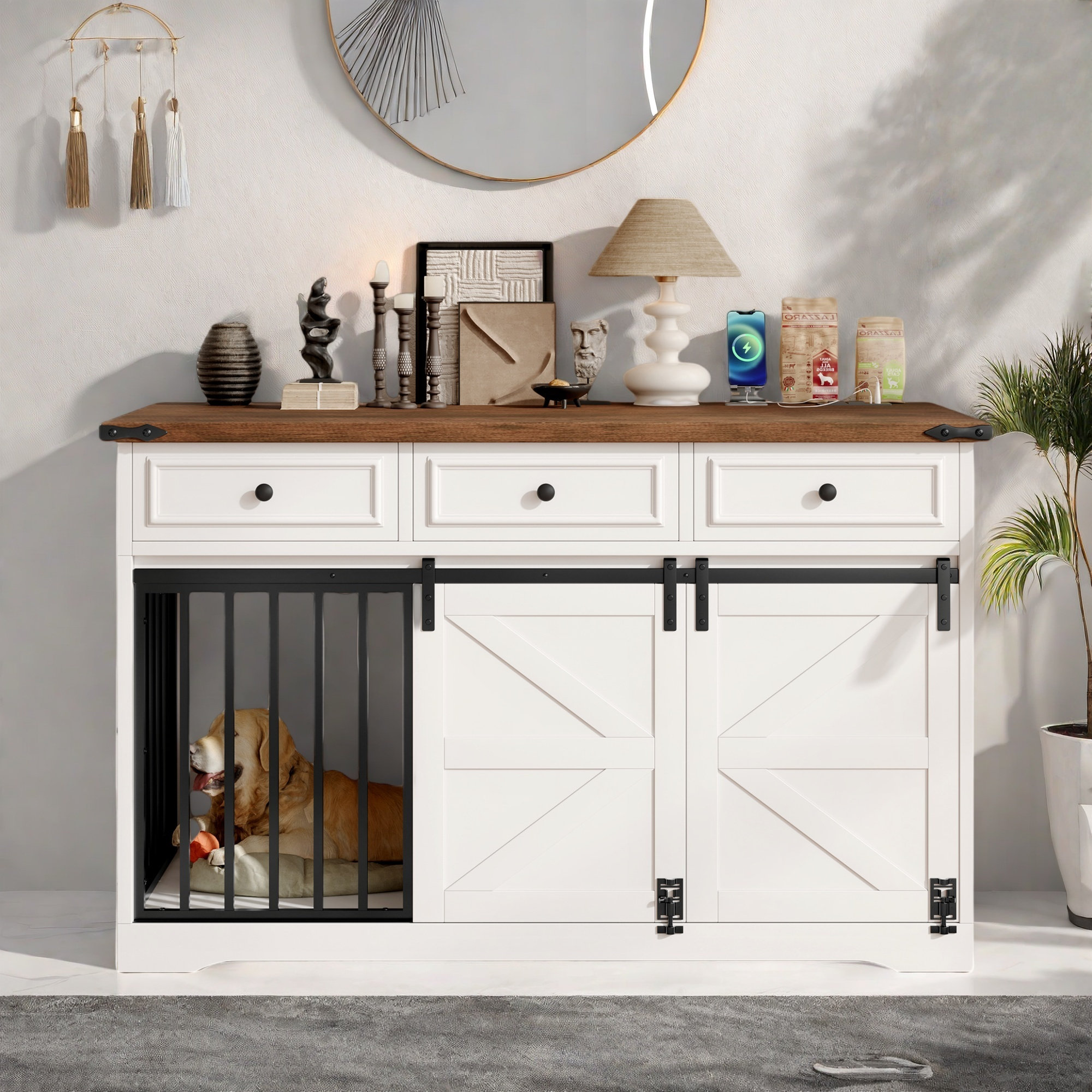 Gracie Oaks Dog Crate Furniture With 3 Storage Drawers, Side Door And ...