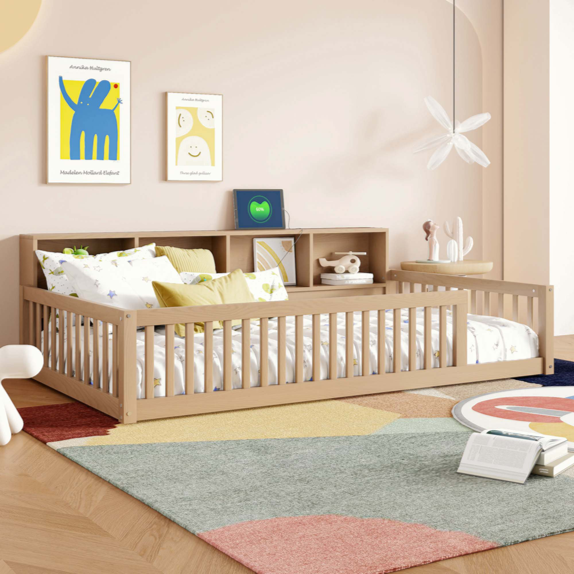 Tech Cube Wood Twin XL Size Floor Bed With Storage Cabinets And USB ...