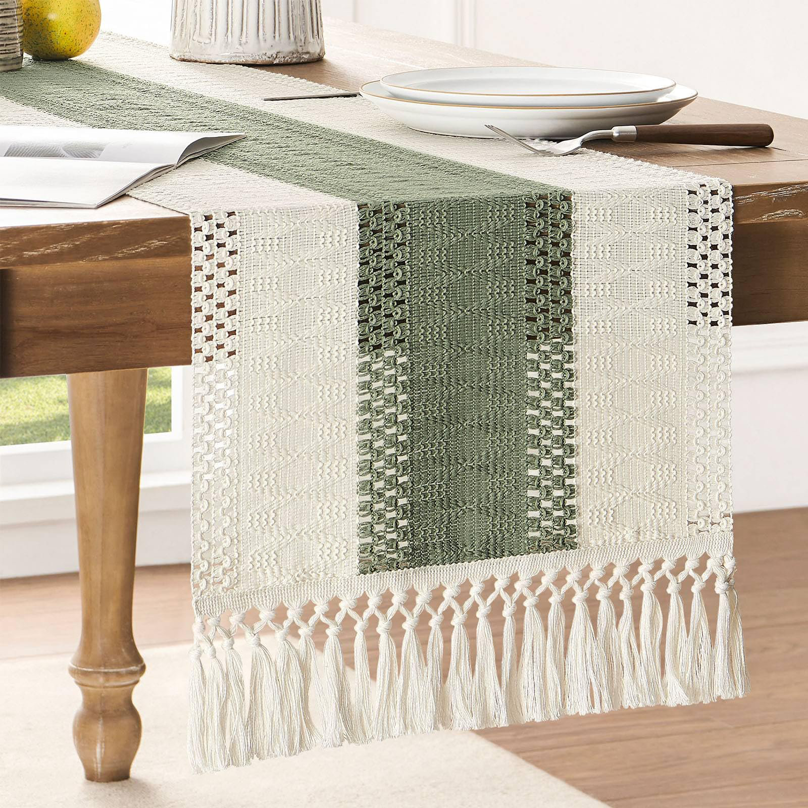 Dakota Fields Macrame Style Bicolor Stitching Table Runner, 14 X 90 ...