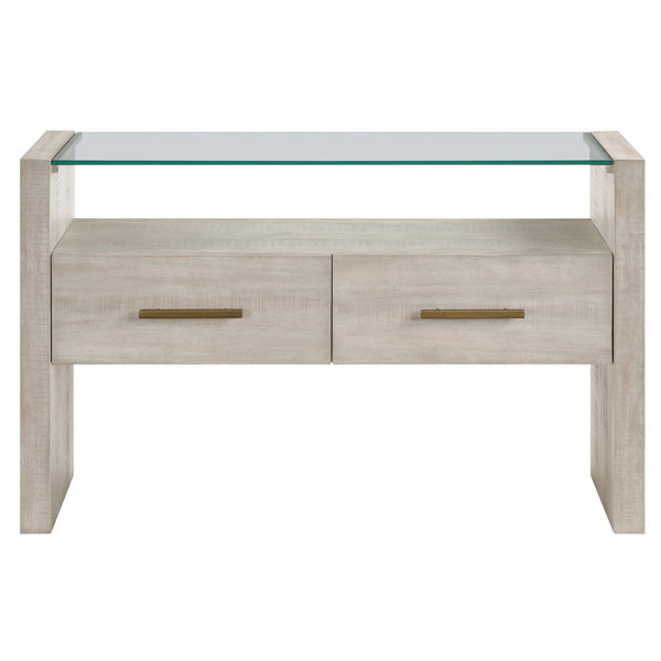 Latitude Run® Garland Glass Top Sofa Table, Washed Parchment Finish ...
