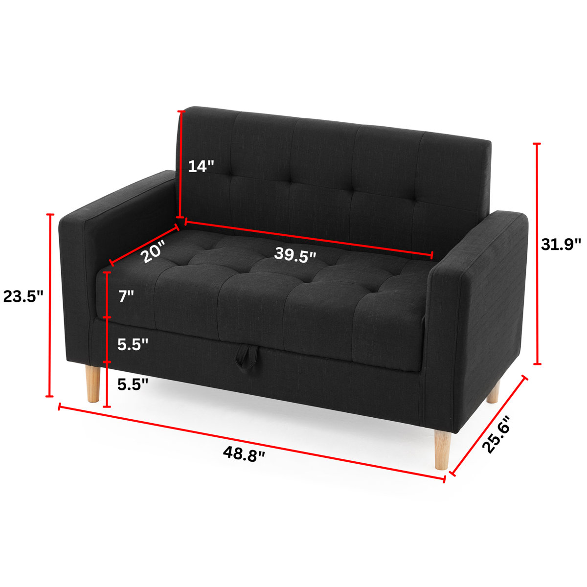 DormCo 48.8'' Square Arm Mini Sofa with Storage | Wayfair