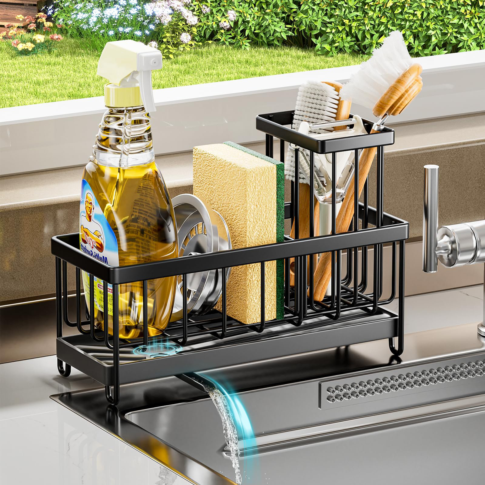 HAPPY LIFE Compact Carbon Steel Kitchen Sink Sponge Holder, Rotatable ...