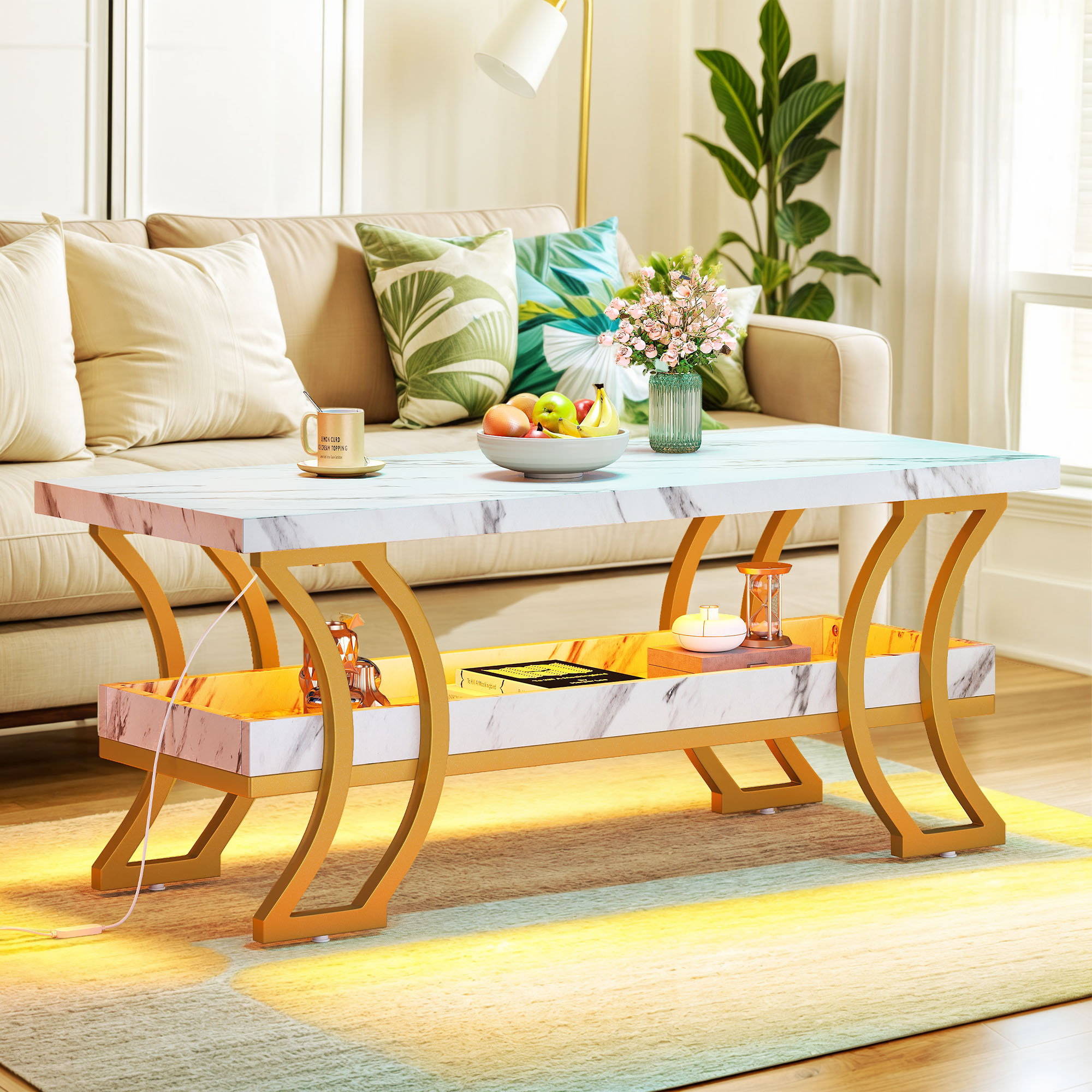 Wrought Studio™ Keauna LED Coffee Table with Marble Textured Tabletop ...