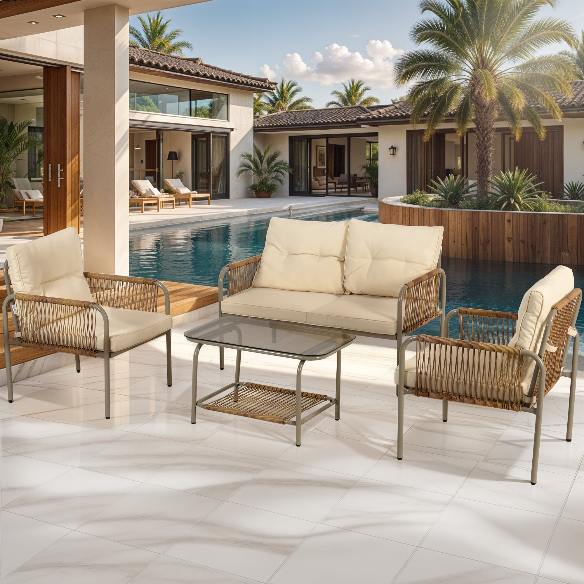 Bay Isle Home™ Outdoor Rattan Patio Seating Group Conversation Set with ...