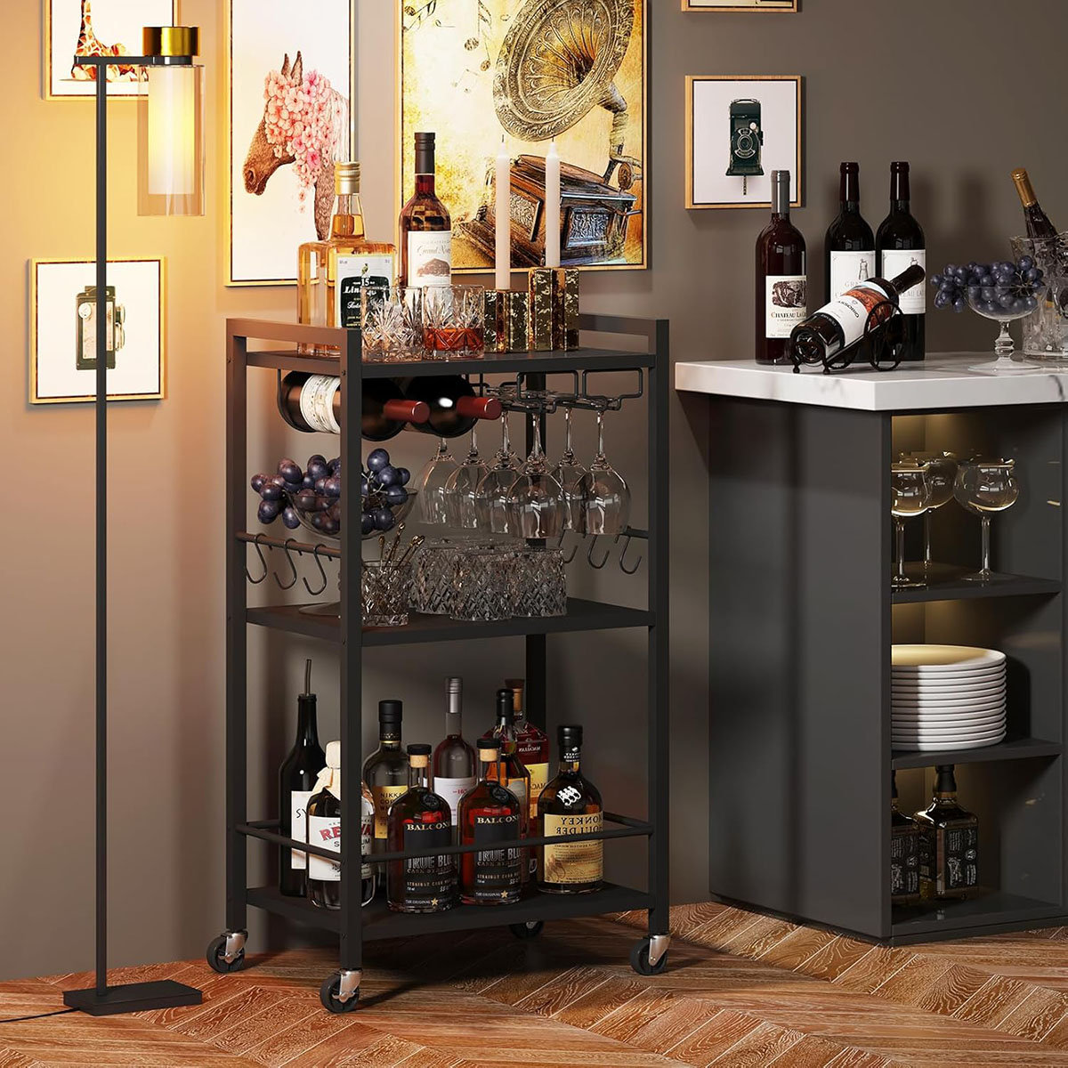 17 Stories Drink Cart With Wine Rack, Glass Holder, Rolling Bar Carts ...