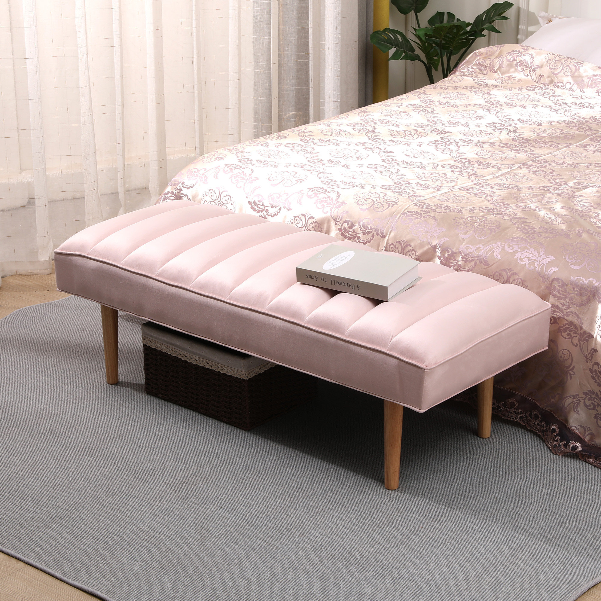 Everly Quinn Accent Channel Tufted Ottoman Velvet End Of Bed Bench ...