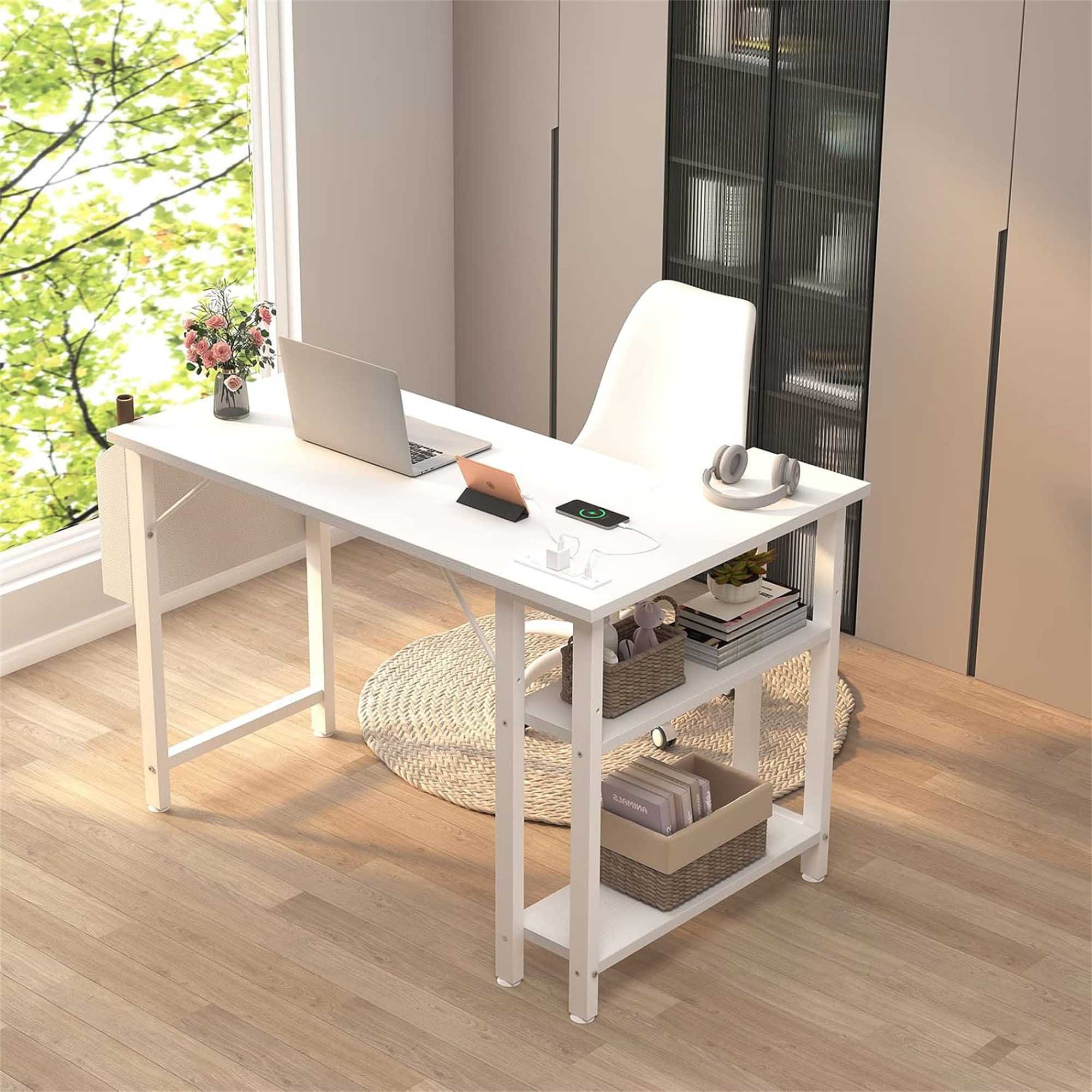 Ebern Designs Lufeiya L Shaped Computer Desk with Power Outlet Shelves ...
