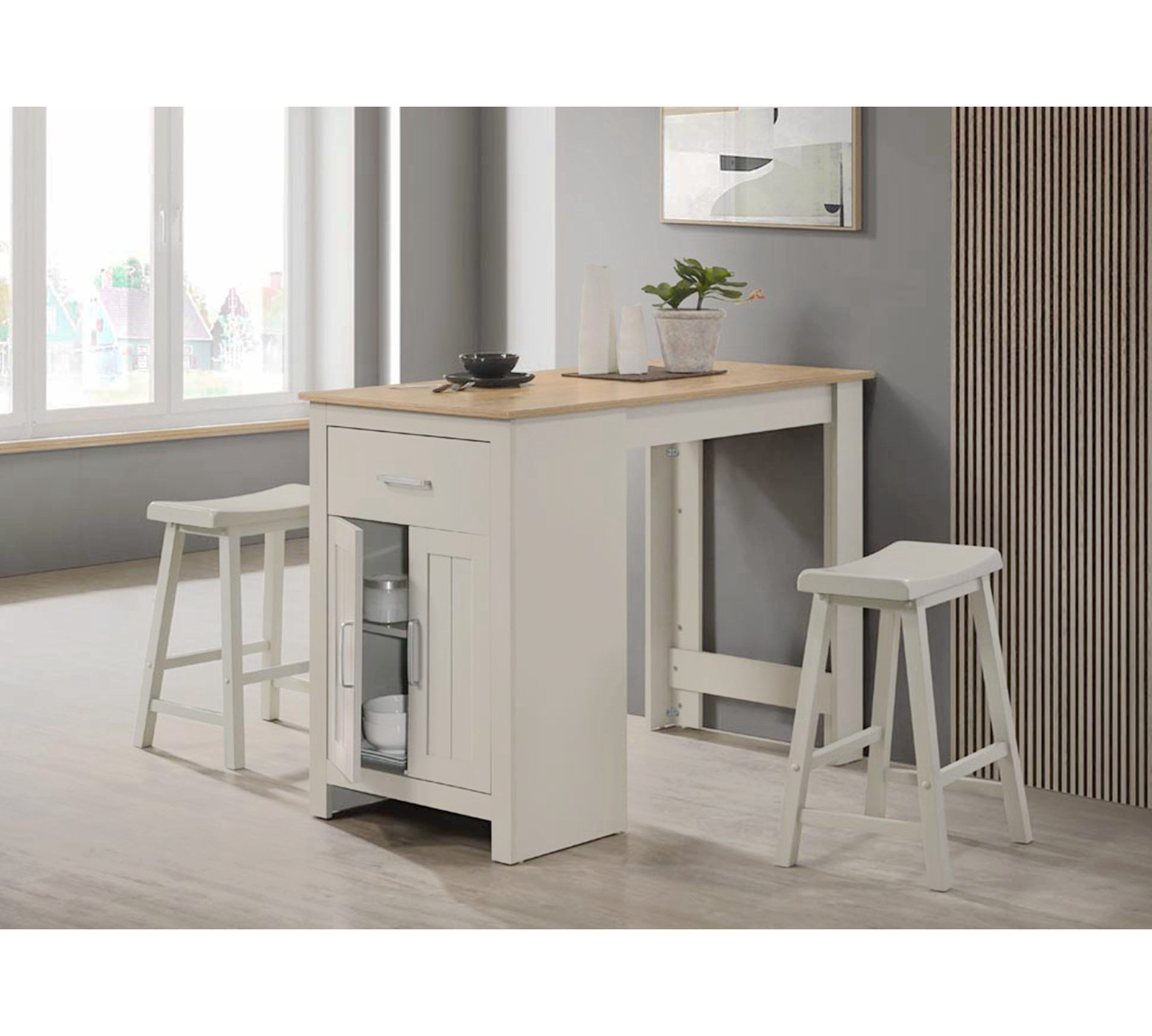 Winston Porter Counter Height Dining Table with Cabinet and 2 Ergonomic ...