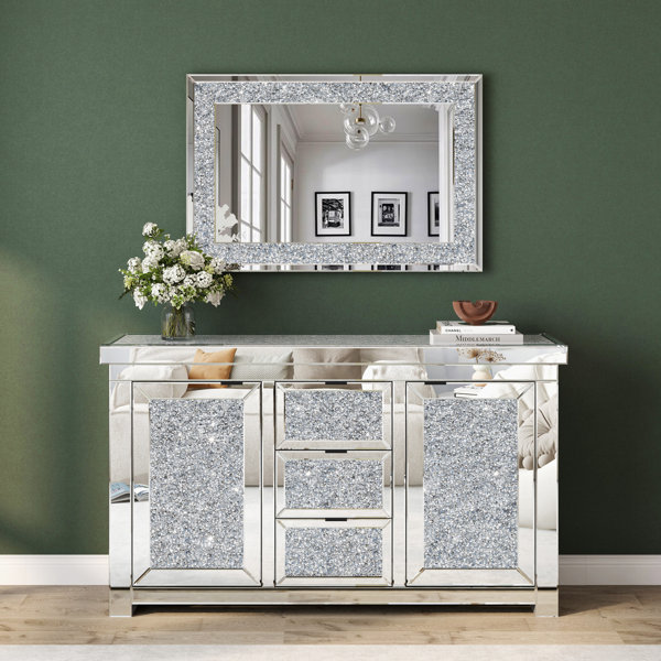 Mercer41 57" Wide 3 Drawer Mirrored Glass Sideboard And Glam Crystal ...
