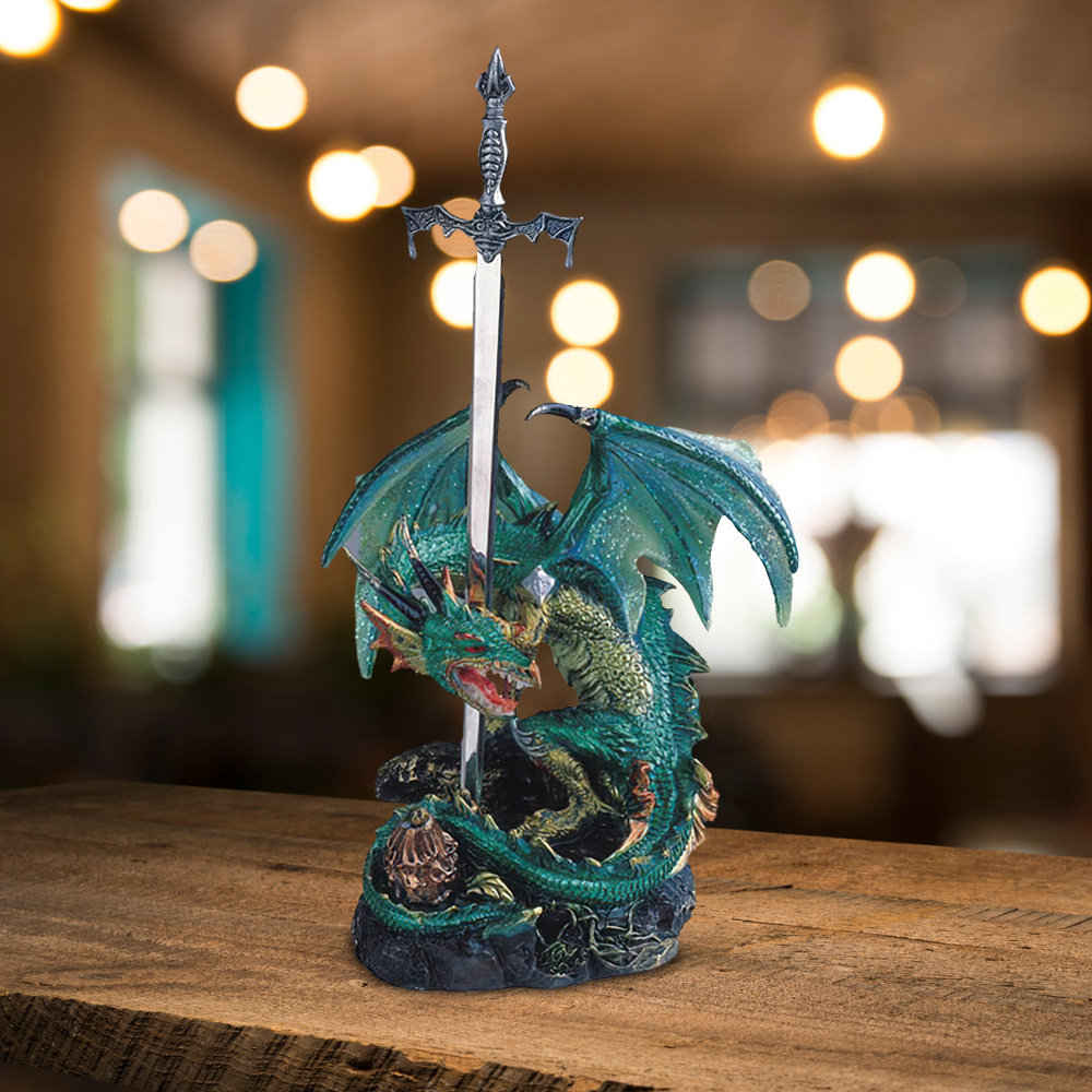 Trinx Jaymon 8"H Medieval Green/Blue Dragon with Sword Figurine Unique ...