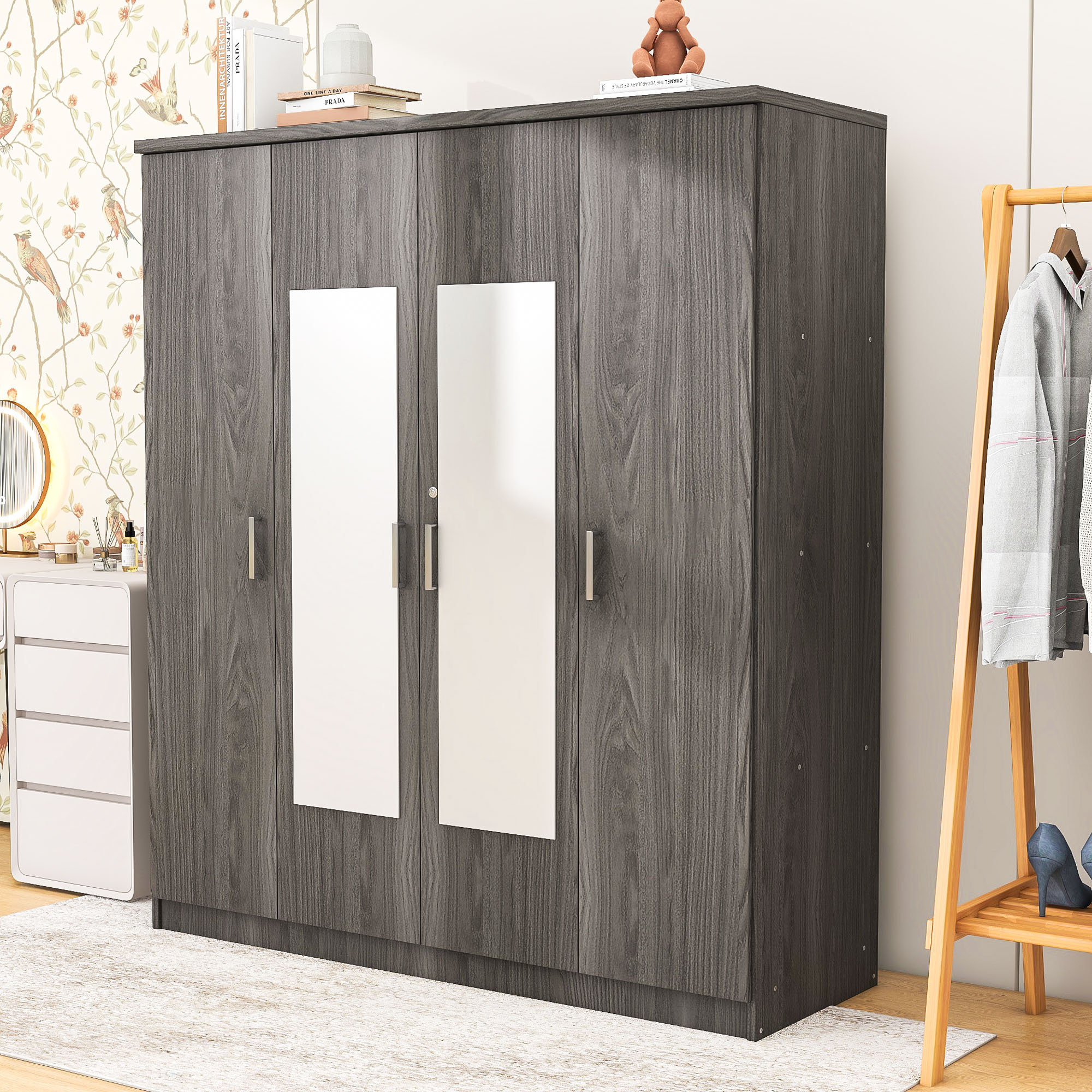Ebern Designs 4-Door Drawer Wardrobe with Integrated Full-Length ...