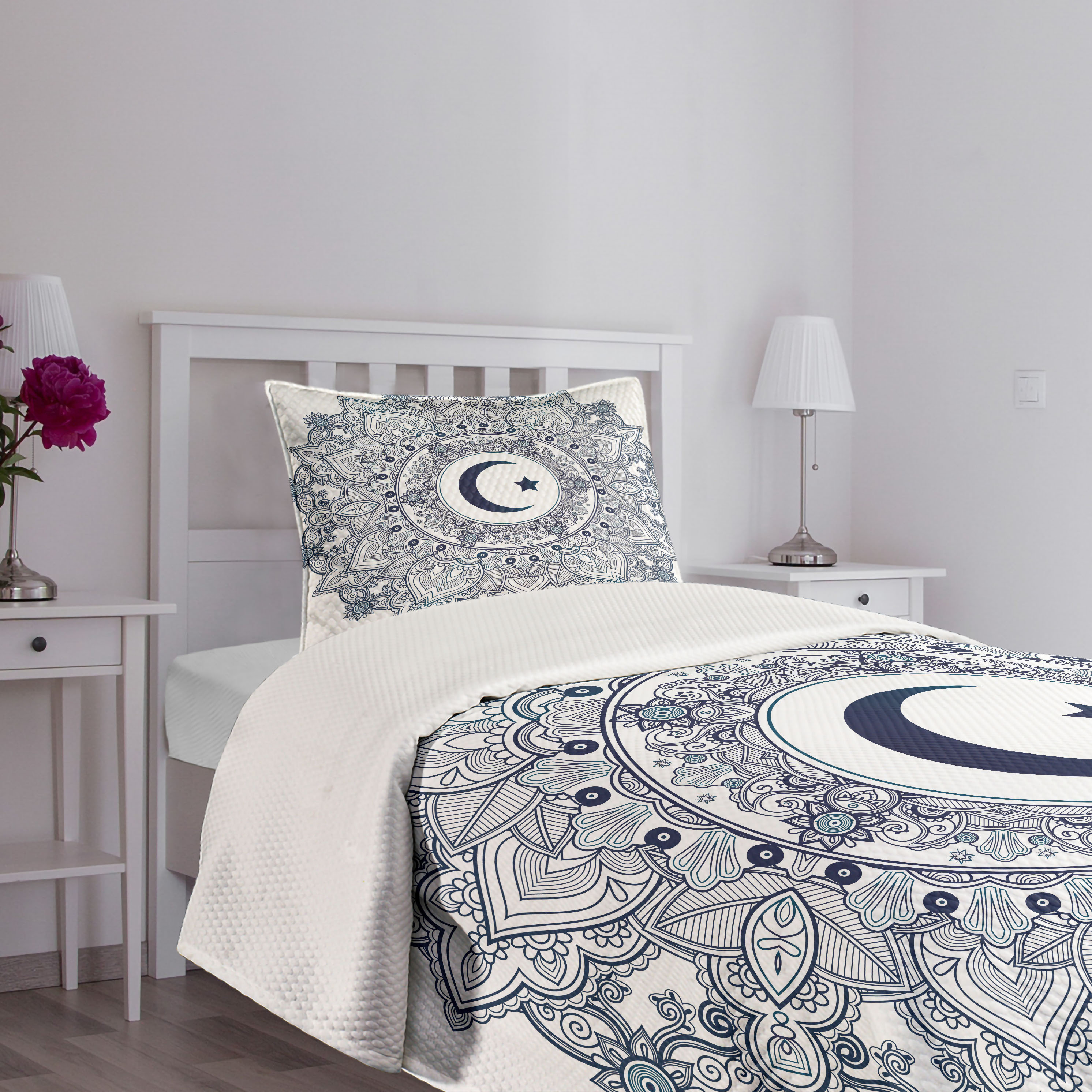 Ambesonne Moon Bedspread Circle Form Dark Blue White Teal | Wayfair