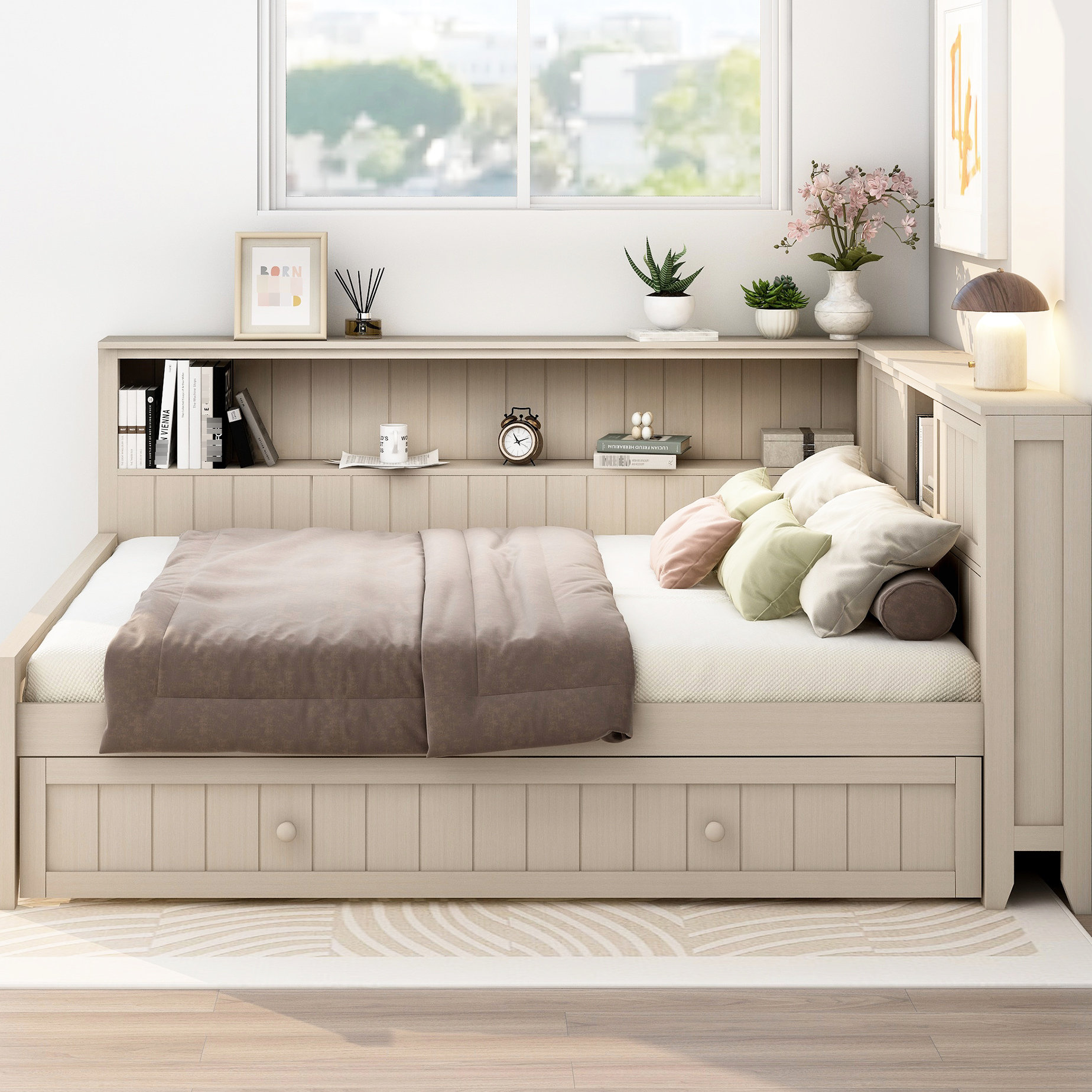 Ophelia & Co. Full Size Wood Daybed With Trundle And Storage Shelves ...