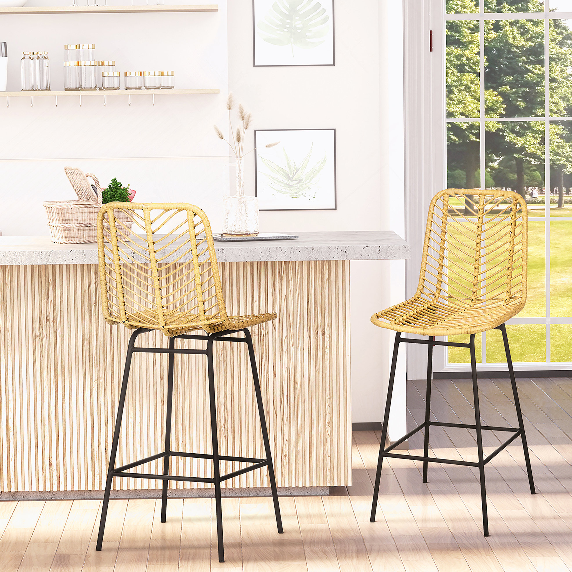 Dakota Fields Rattan Bar Stools Set of 2, 26" Counter Height Barstools ...