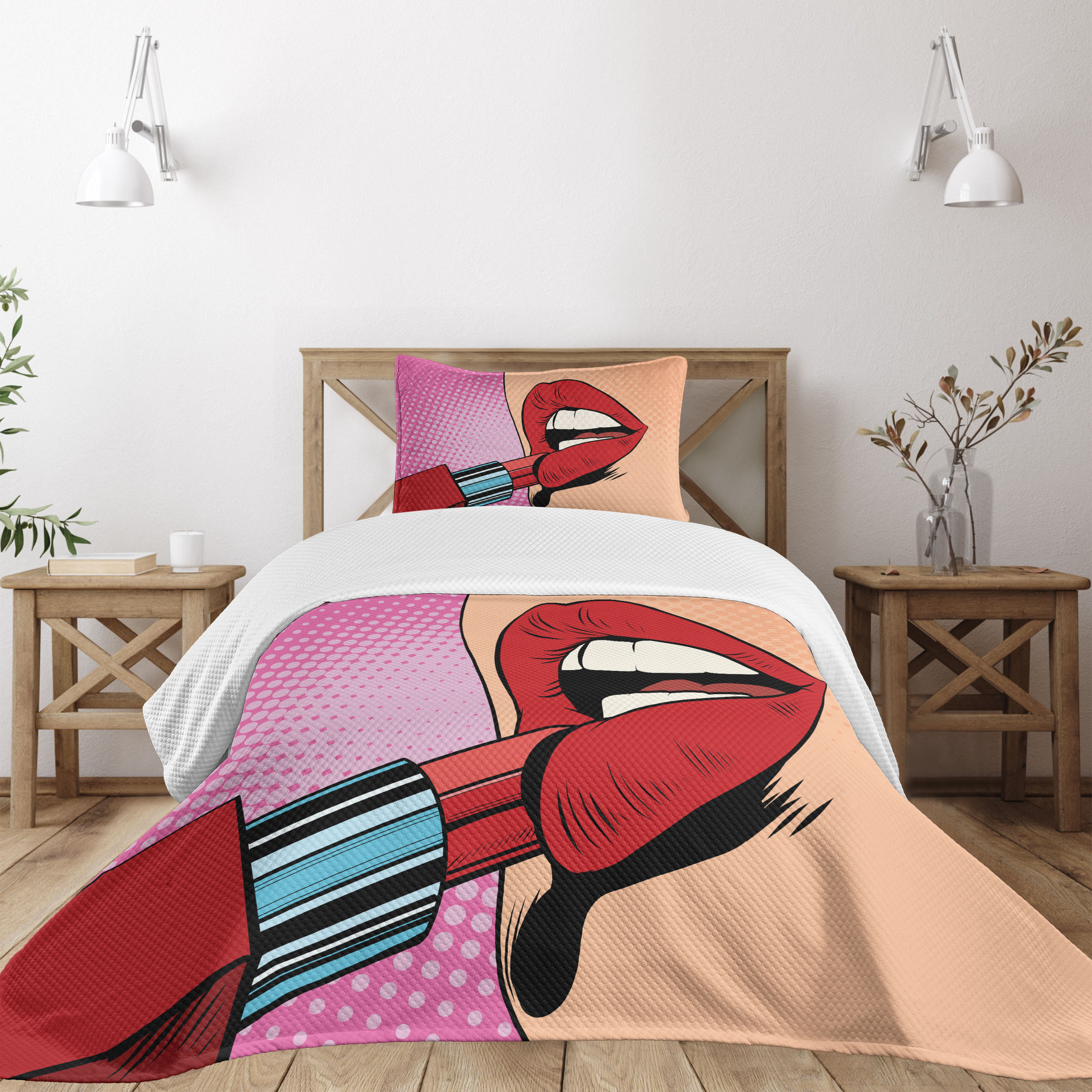 Ambesonne Lips Bedspread Set Pop Art Comic Lady Scenario Multicolor ...
