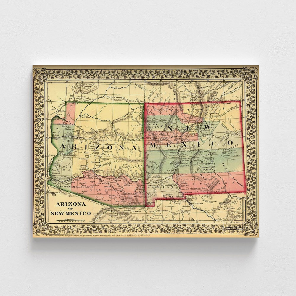 WeFrameArt Arizona And New Mexico 1867, Colorful Arizona Map Poster ...