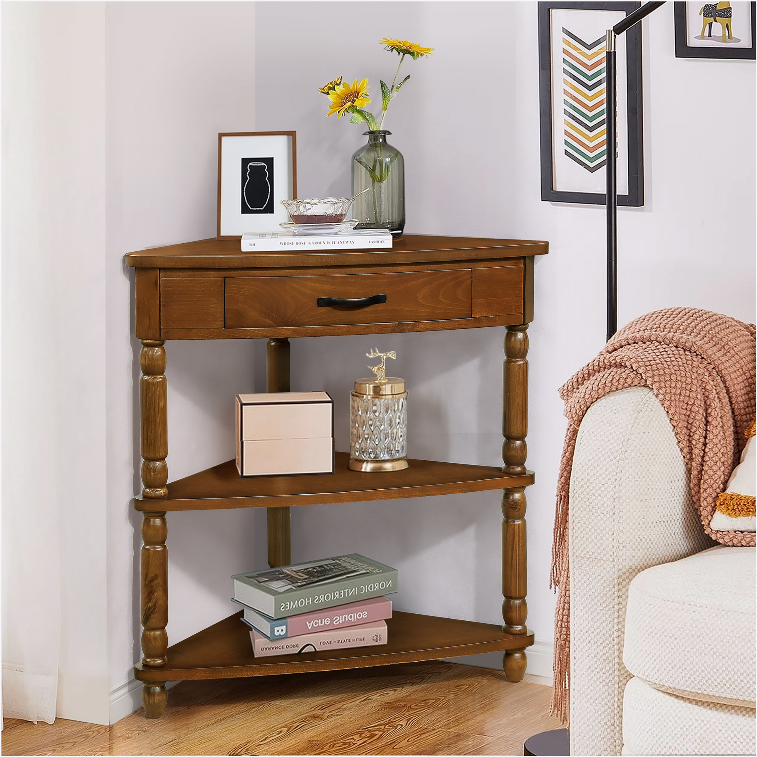 Alcott Hill 33.8'' Small Triangle Corner Table, Wood Corner Side Table ...