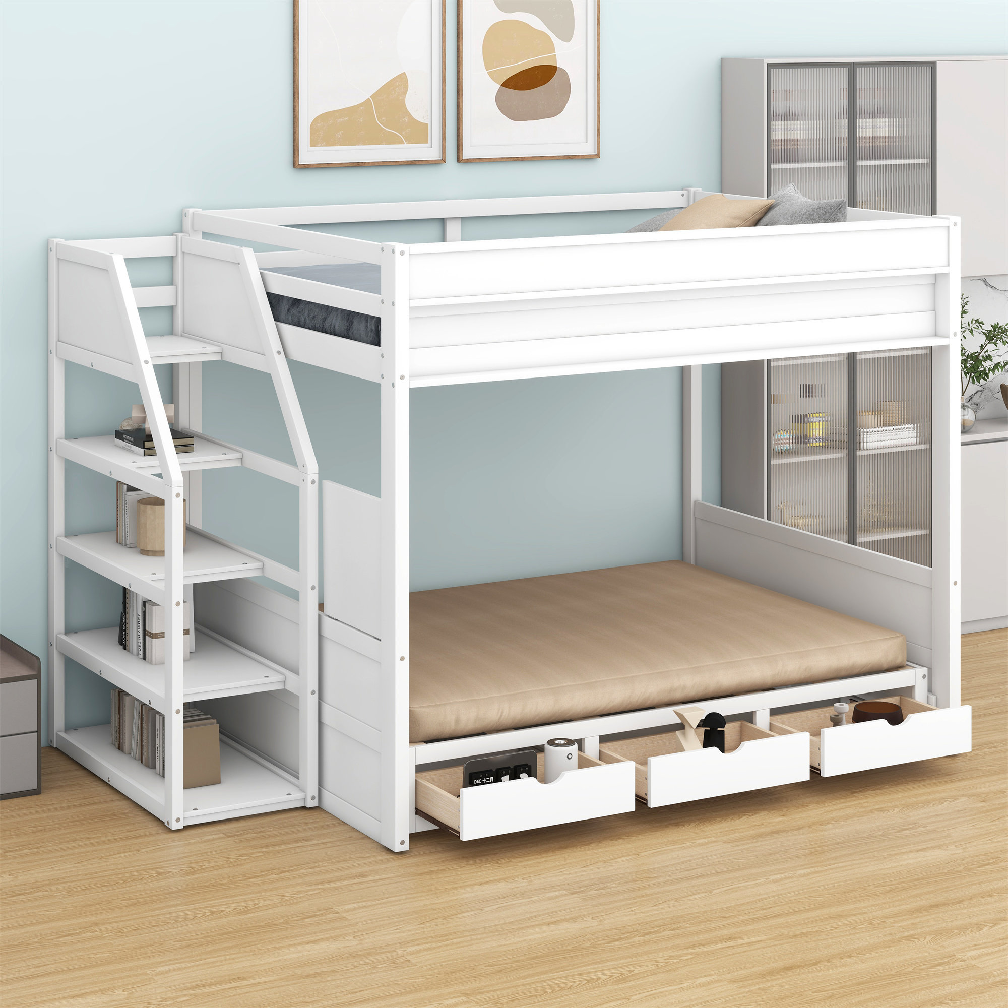 Harriet Bee Convertible Bunk Bed With Storage Staircase,Bedside Table ...