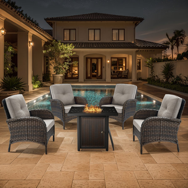 Lark Manor™ 5-Pieces Outdoor Wicker Chair & Fire Pit Table Conversation ...
