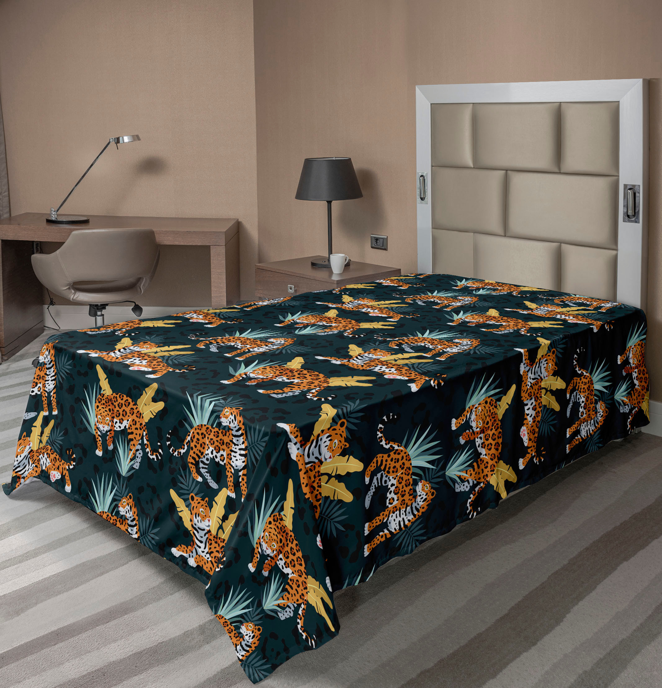 Ambesonne Jaguar Flat Sheet Art Exotic Wild Cat Print Marigold Dark ...