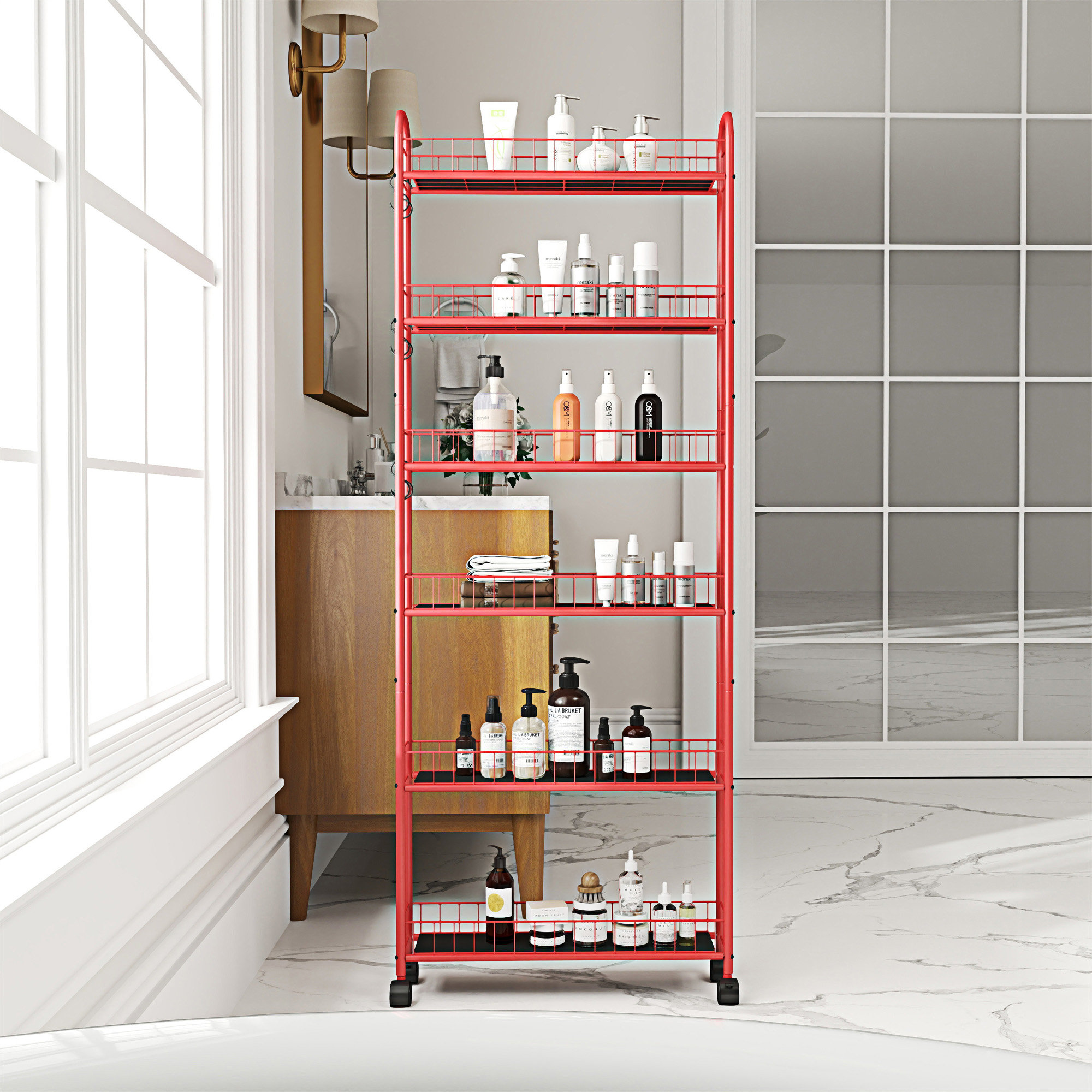 Wrought Studio™ Red 6-Tier Rolling Cart Gap Kitchen Slim Slide Out ...