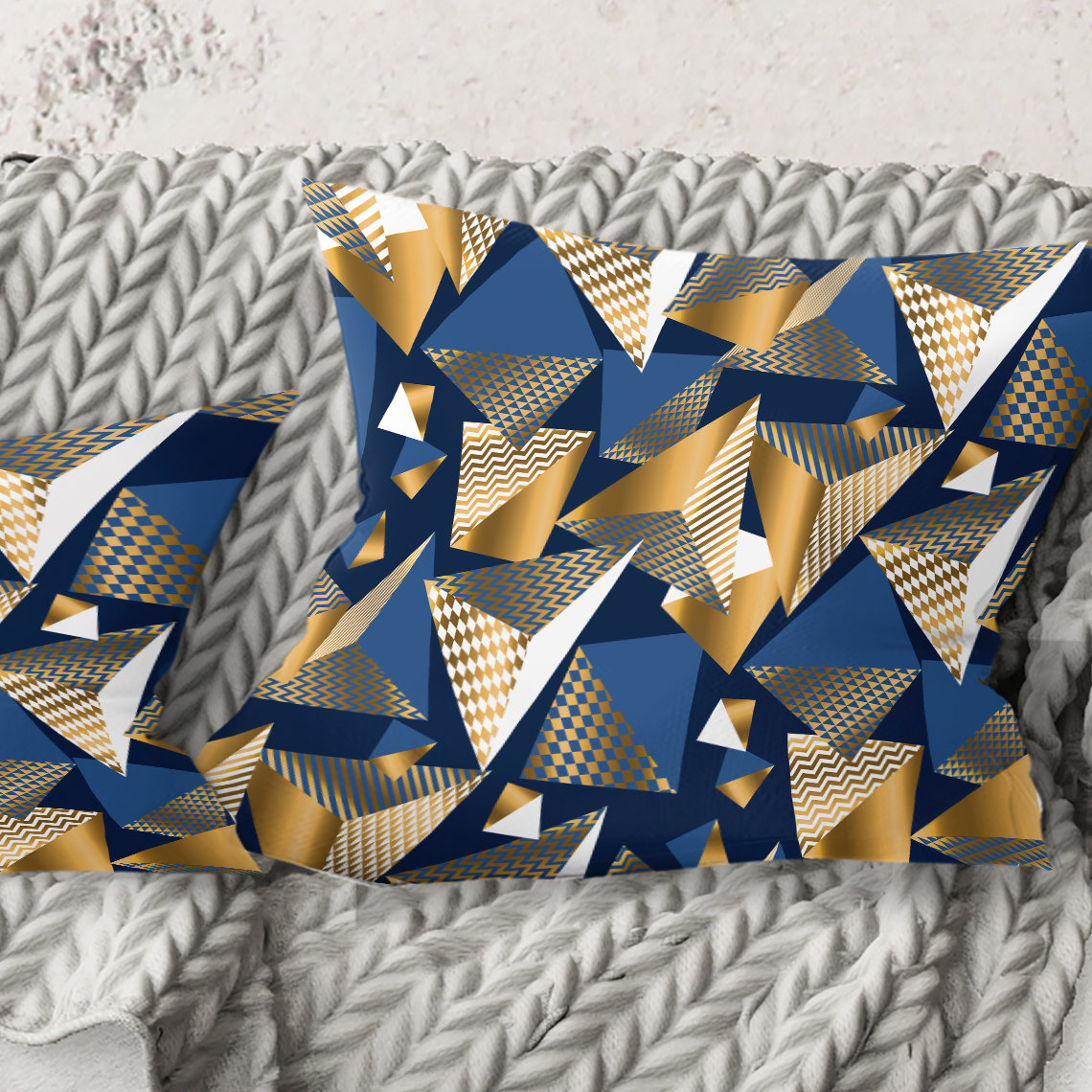 Design Art Gold And Blue Cubes - Mid-Century ModernPrinted Throw Pillow ...