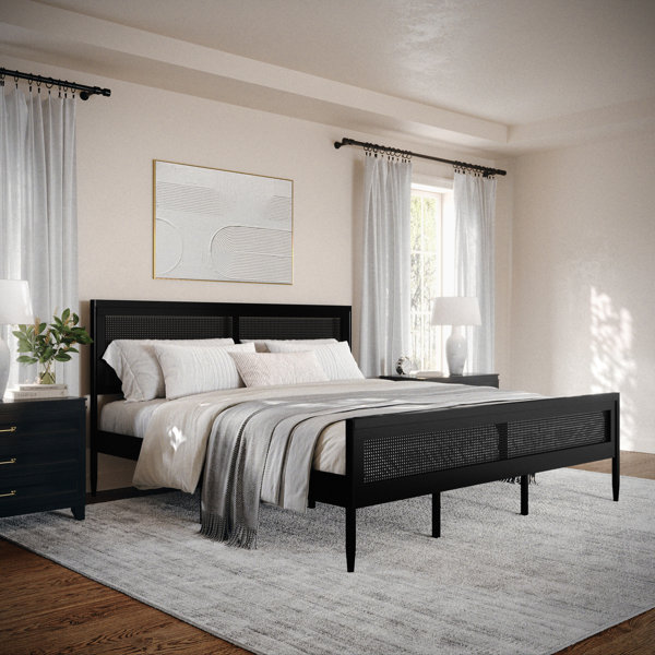 Martha Stewart Jax Wooden Platform Bed With Rattan Inset Headboard And ...