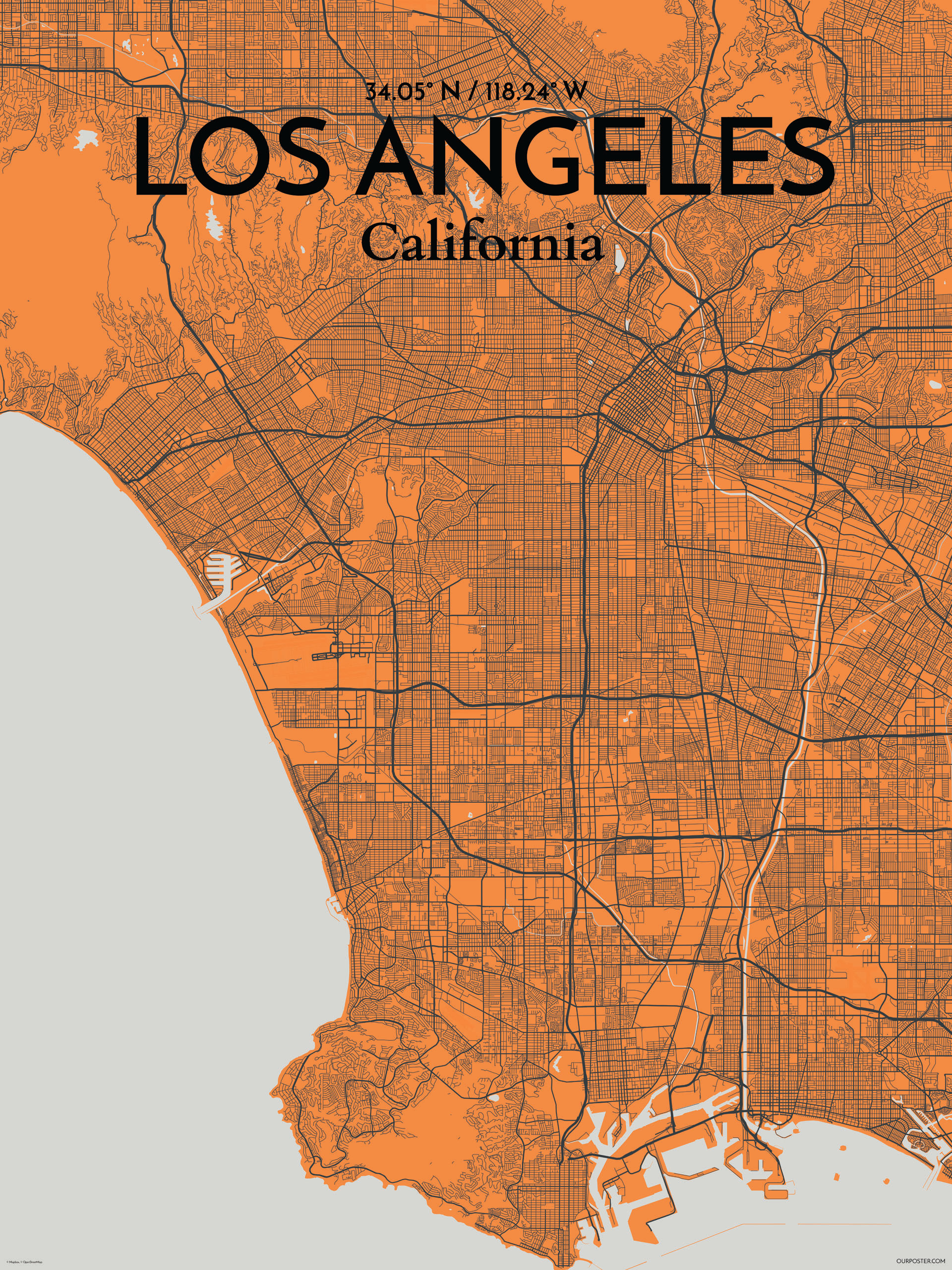 OurPoster.com 'Los Angeles City Map' Graphic Art Print Poster in Orange ...