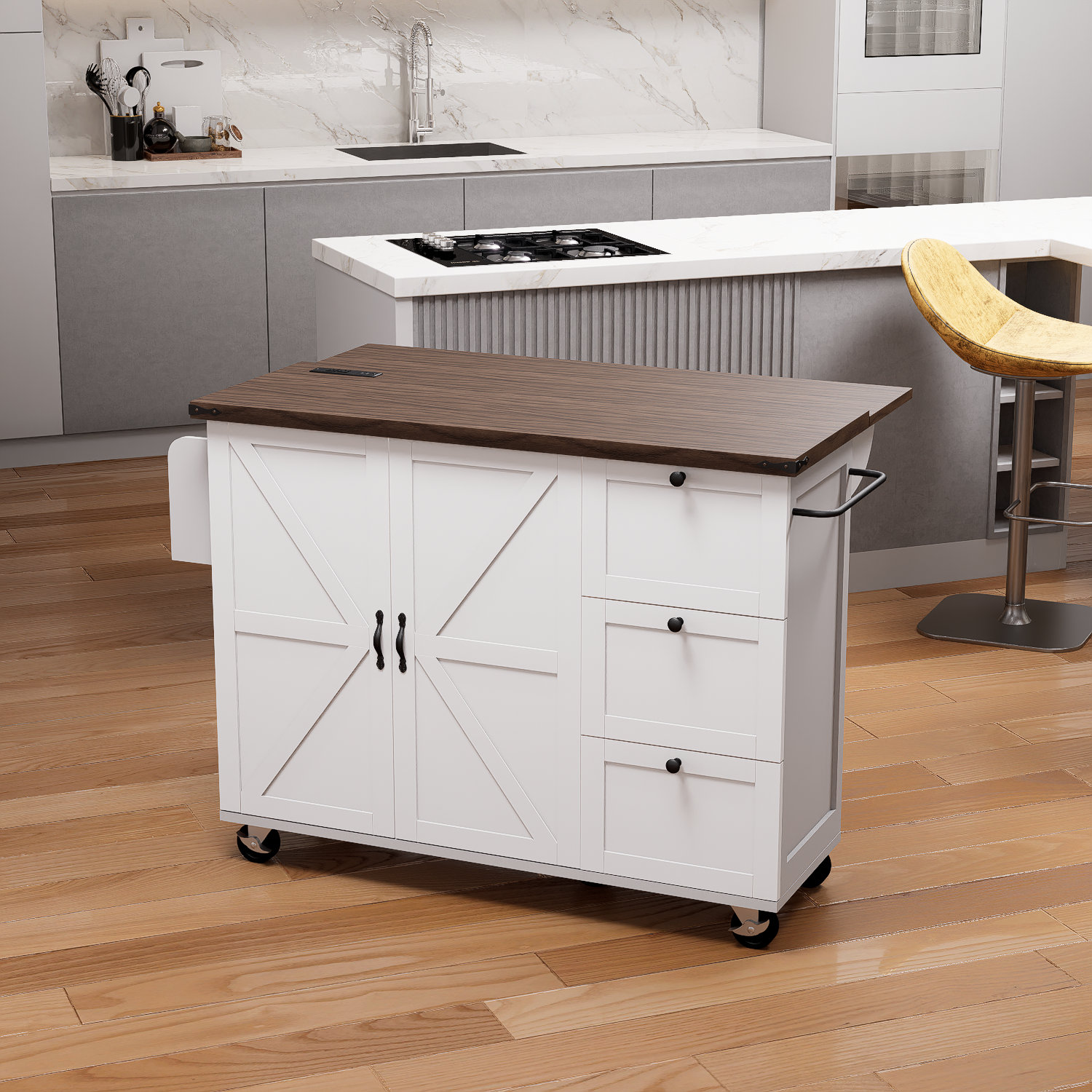 Gracie Oaks White Farmhouse Kitchen Island With Electrical Outlets, Kitchen Storage Island With ...