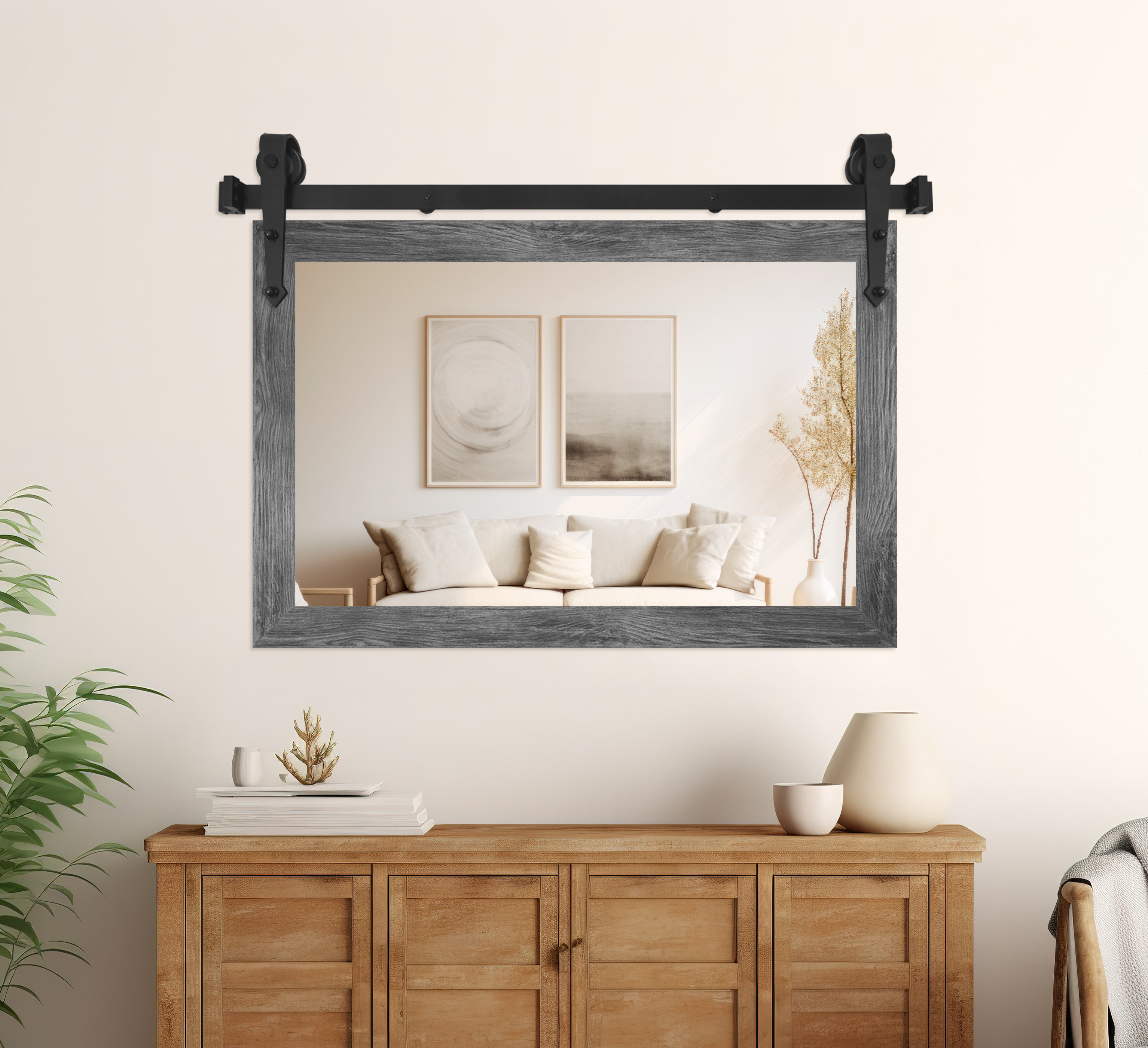 Modern Rustic Mirror with Steel Barn Door Track - Wayfair Canada