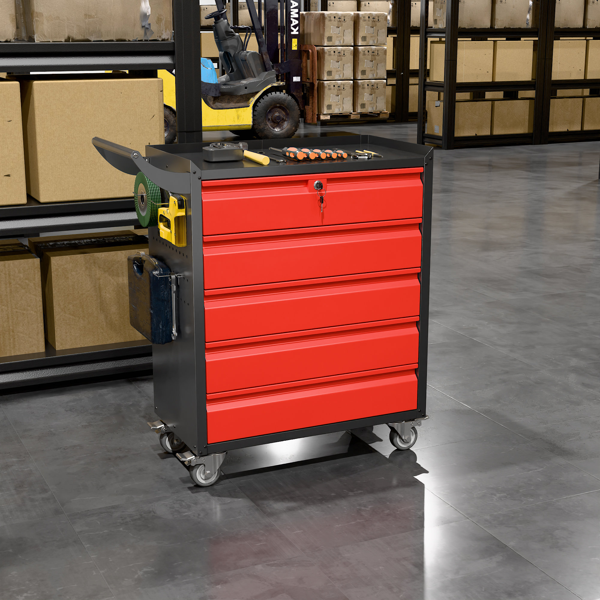 Latitude Run® Metal Rolling Tool Chest with 5 Drawers and 4 Hooks, Tool ...