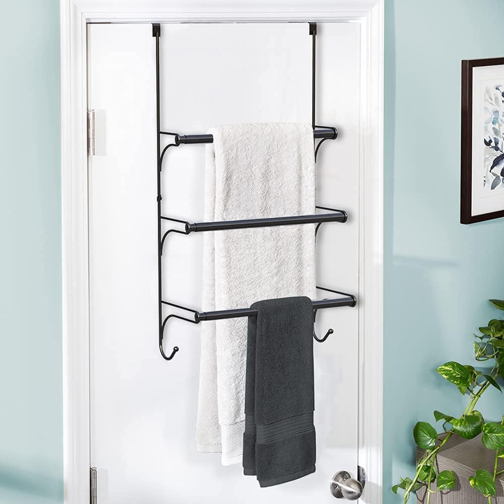 Rebrilliant Adjustable Over The Door Triple Towel Rack With Hooks,Black ...