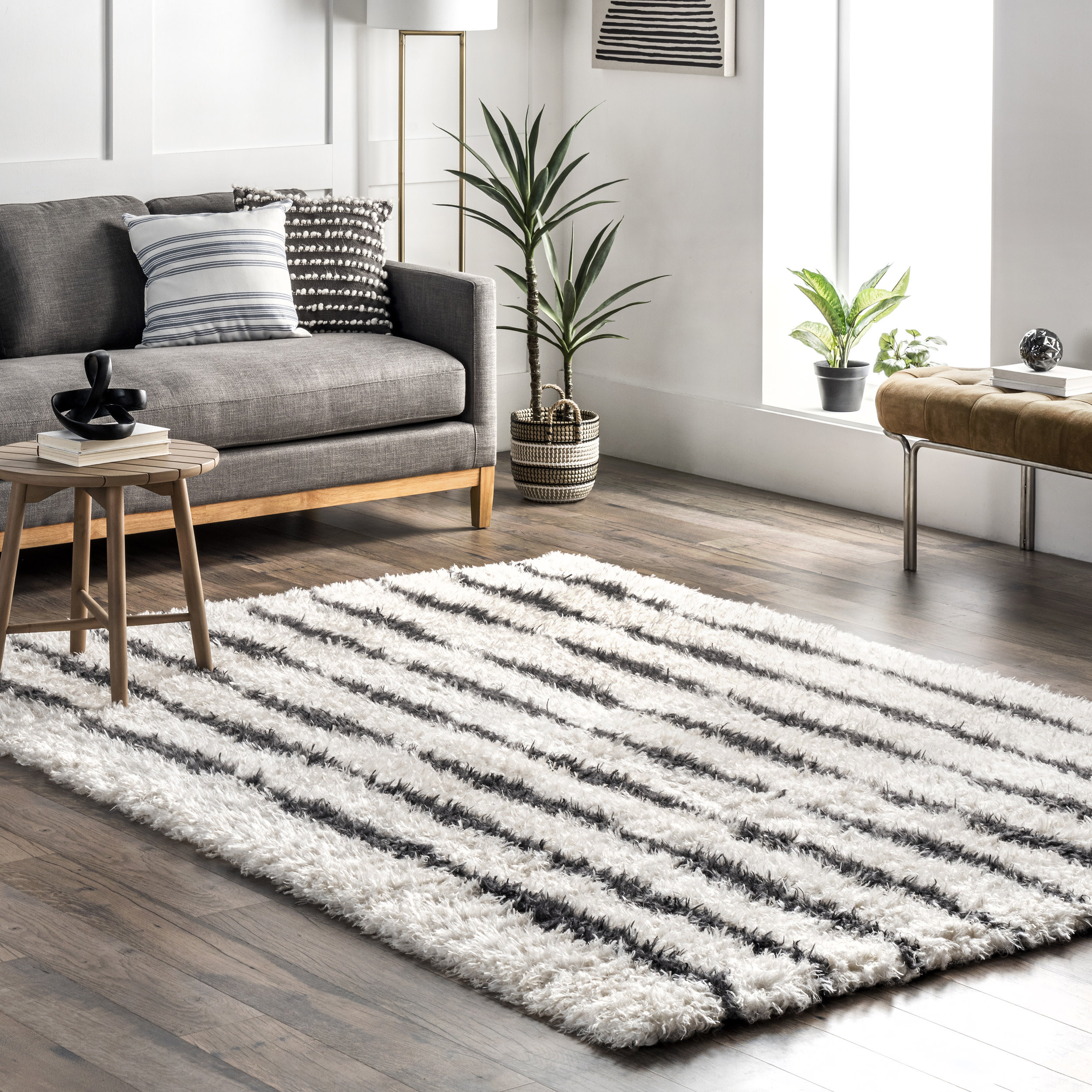 Latitude Run® Beige Striped Shag Area Rug for Living Room Bedroom ...
