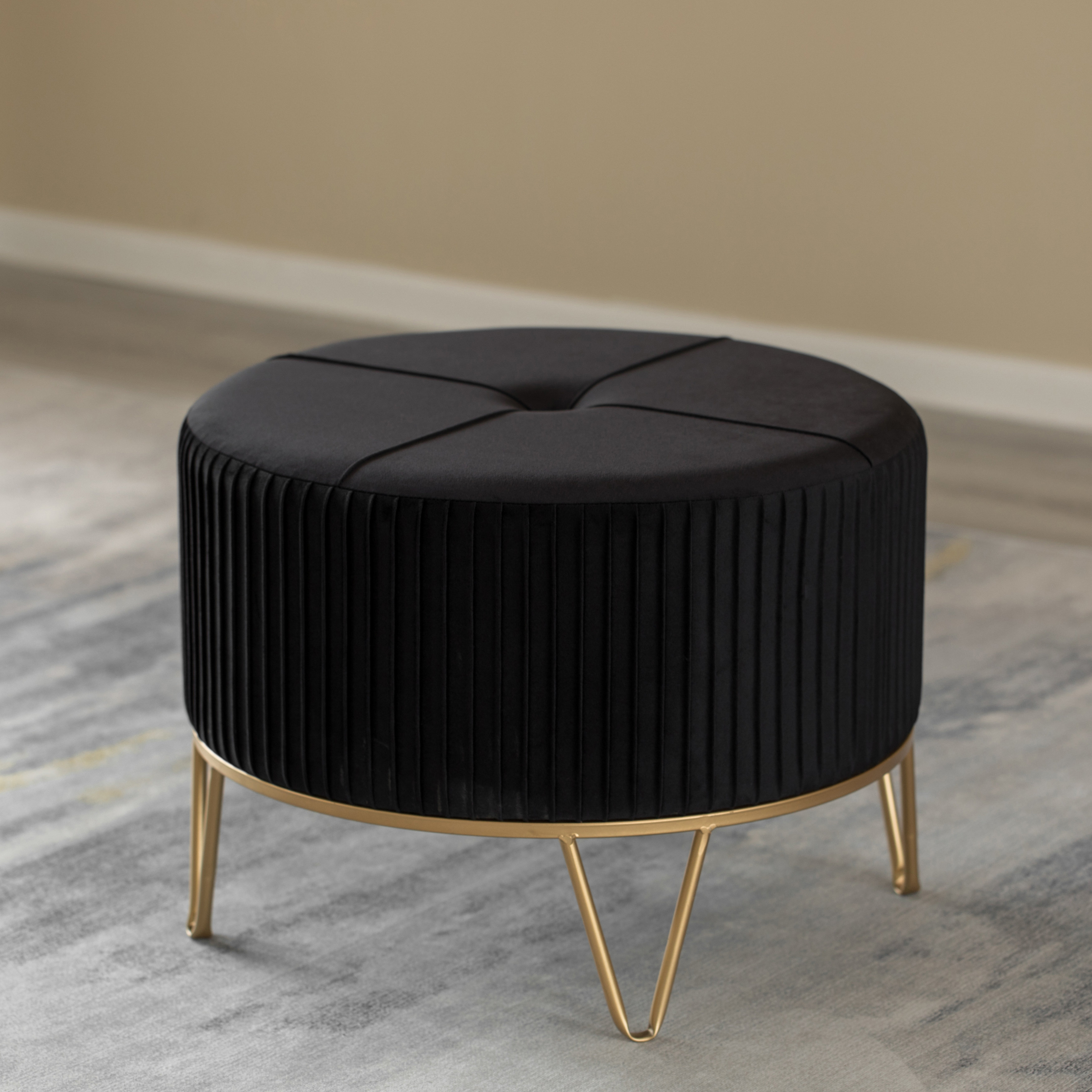 Everly Quinn Round Velvet Ottoman Stool Raised With Hairpin Gold Base ...