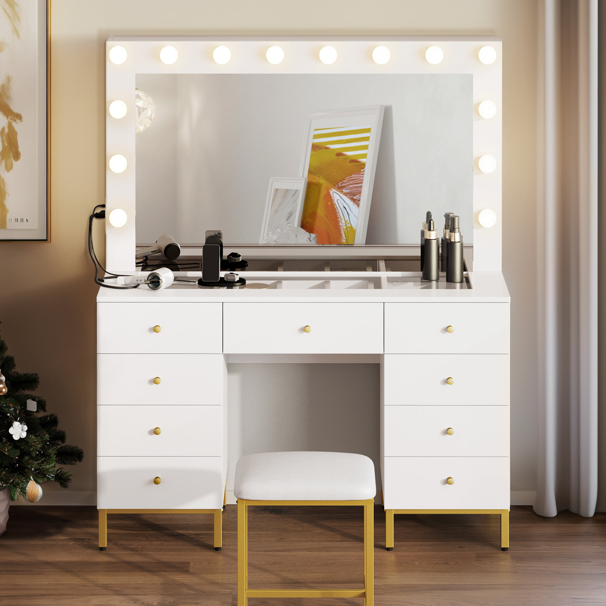 Willa Arlo™ Interiors Leisha Vanity Table Set with Lighted Mirror ...