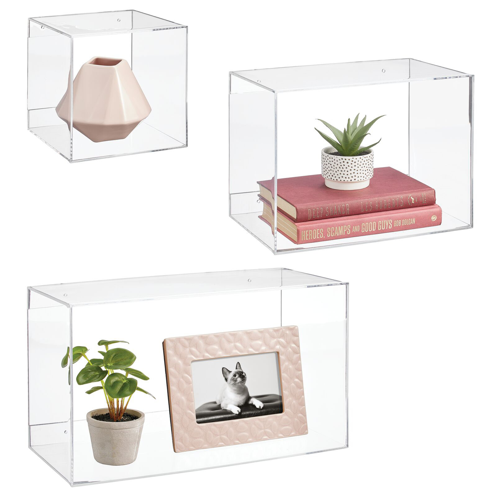mDesign Acrylic Floating Wall Mount Geometric Display Shelves, Set of 3 ...