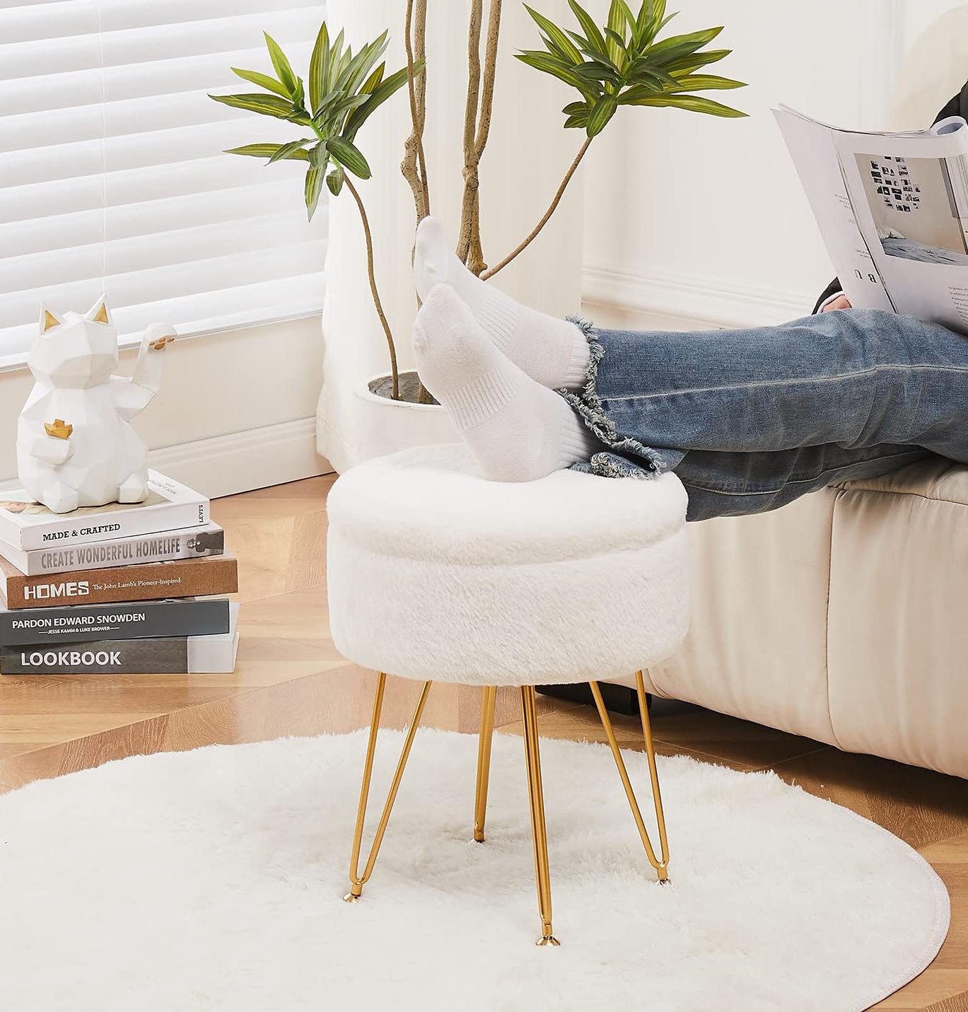 Ebern Designs Footrest Footstools Round Faux Fur Ottoman With Storage ...