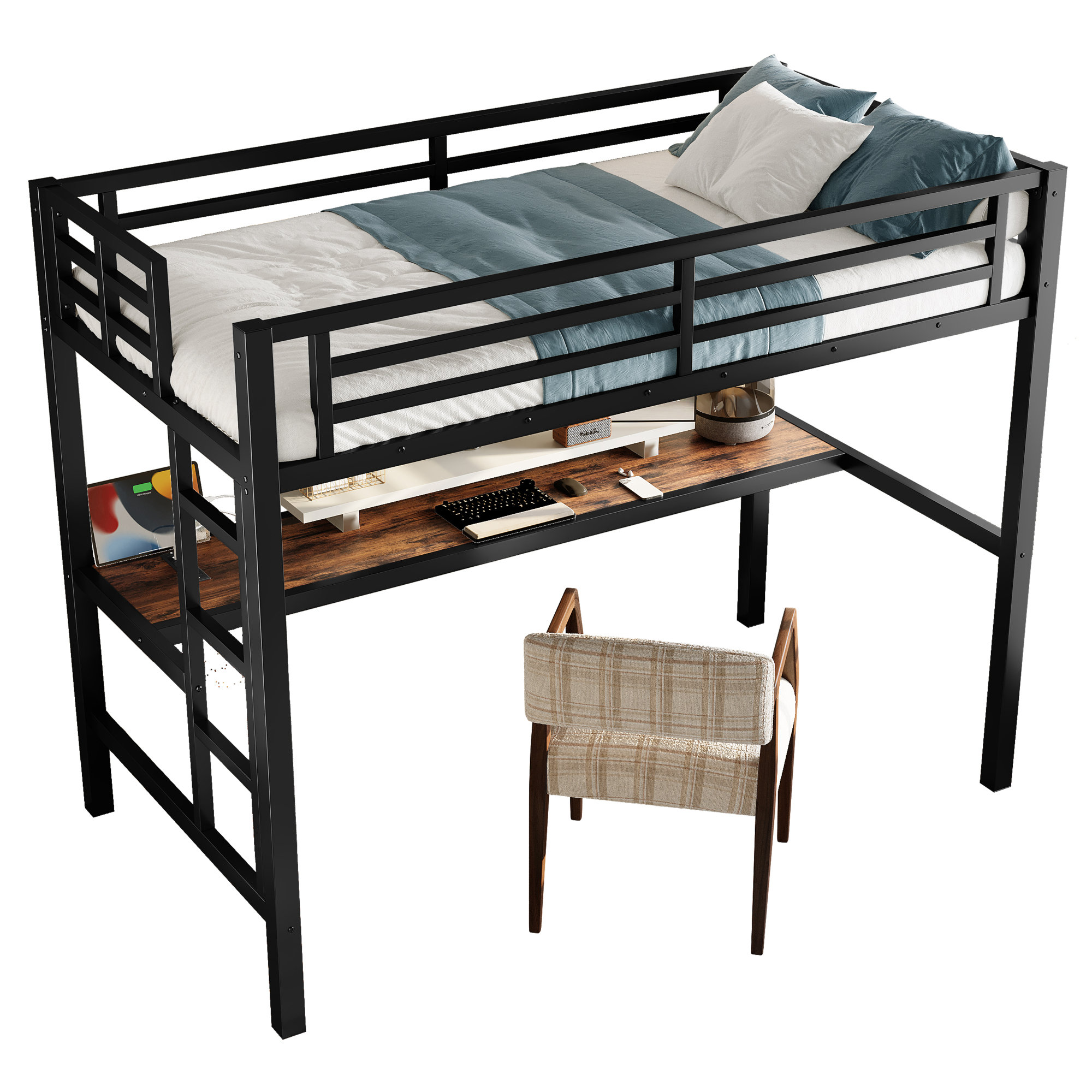 Wrought Studio™ Twin XL Metal Loft Bed with Desk, Gaming High Sleeper ...