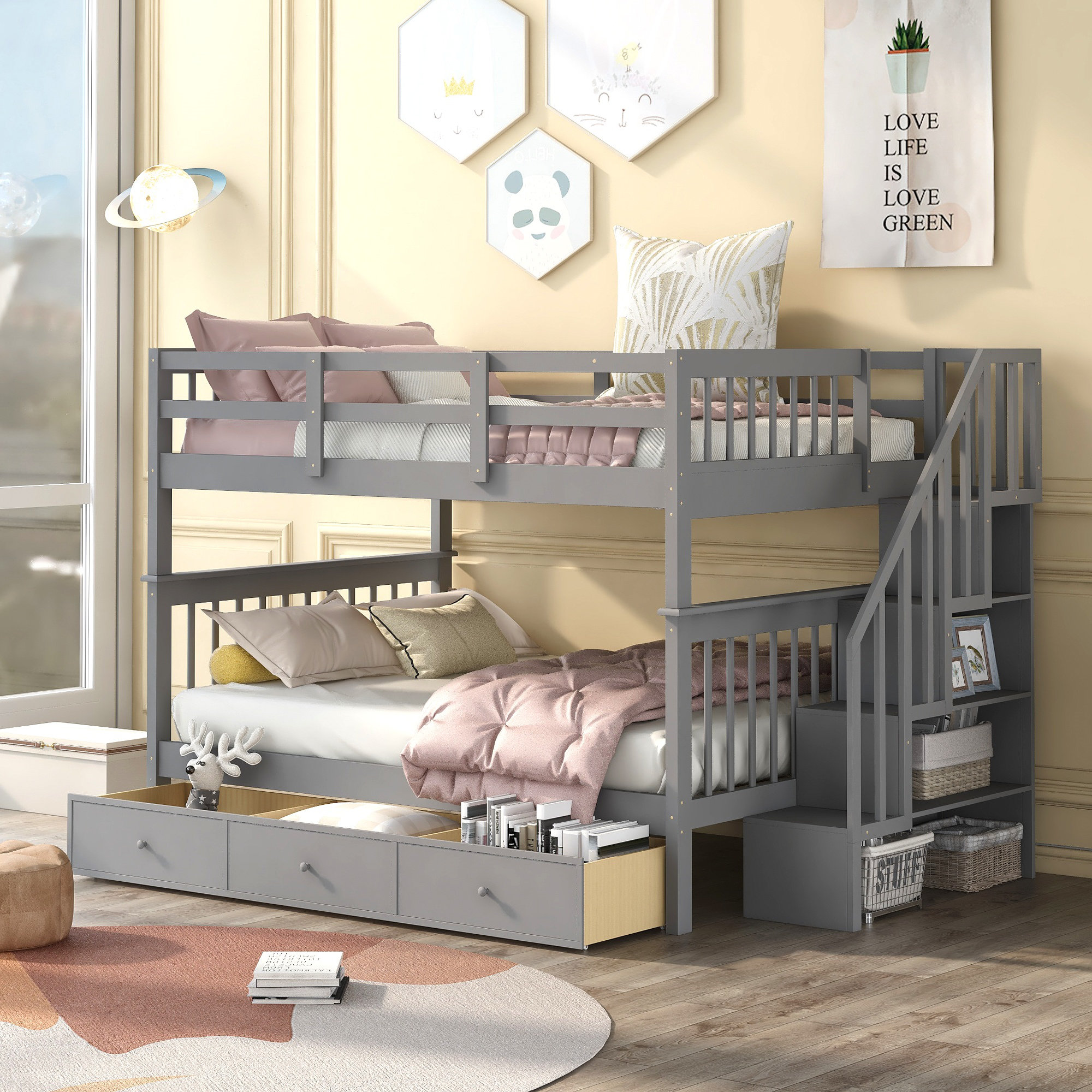Hokku Designs Full-Over-Full Stairway Bunk Bed with Storage Drawer ...
