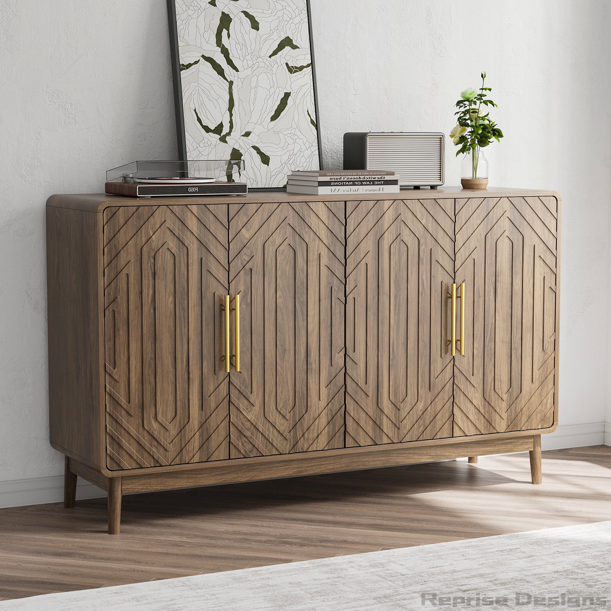 Reprise Designs 4 Door Sideboard Buffet Cabinet With Adjustable Layer ...