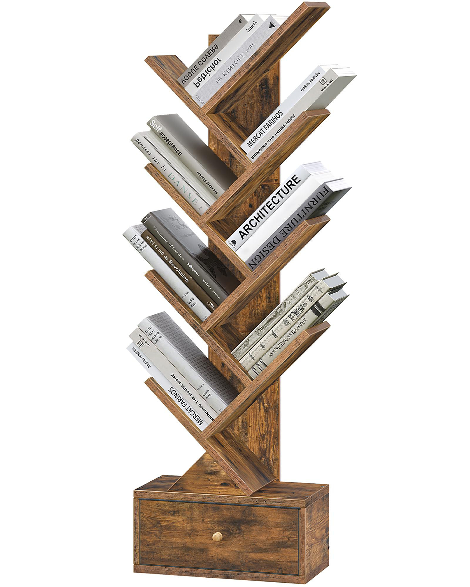 George Oliver 9-Layer Tree-Shaped Bookshelf With Drawers, Floor-To ...