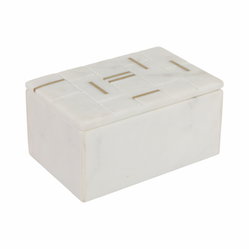 Mercer41 6" White Marble Box With Brass Inlay, White/Gold | Wayfair