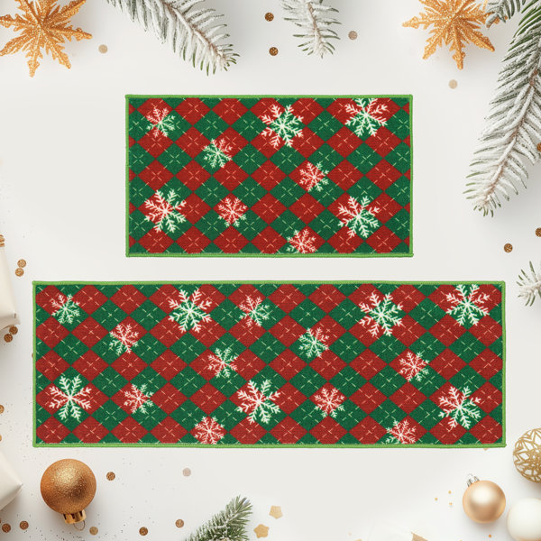 The Holiday Aisle® Plaid Christmas Kitchen Rugs 2PCS Absorbent Merry ...