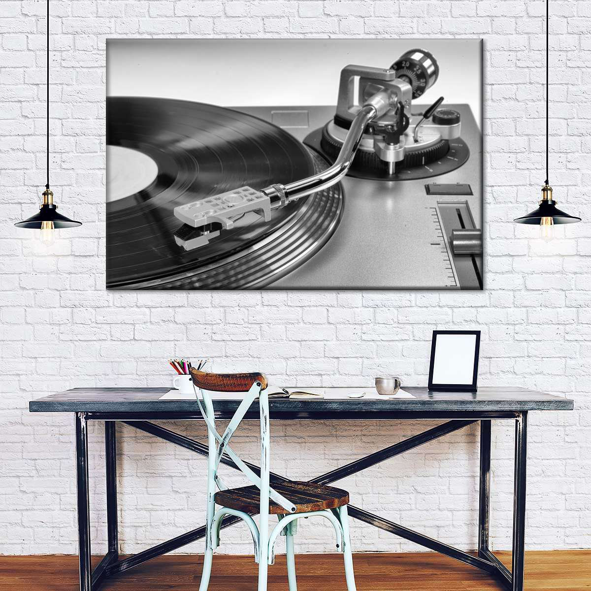 Ebern Designs BW Vinyl Record Player Canvas Print On Canvas Print | Wayfair