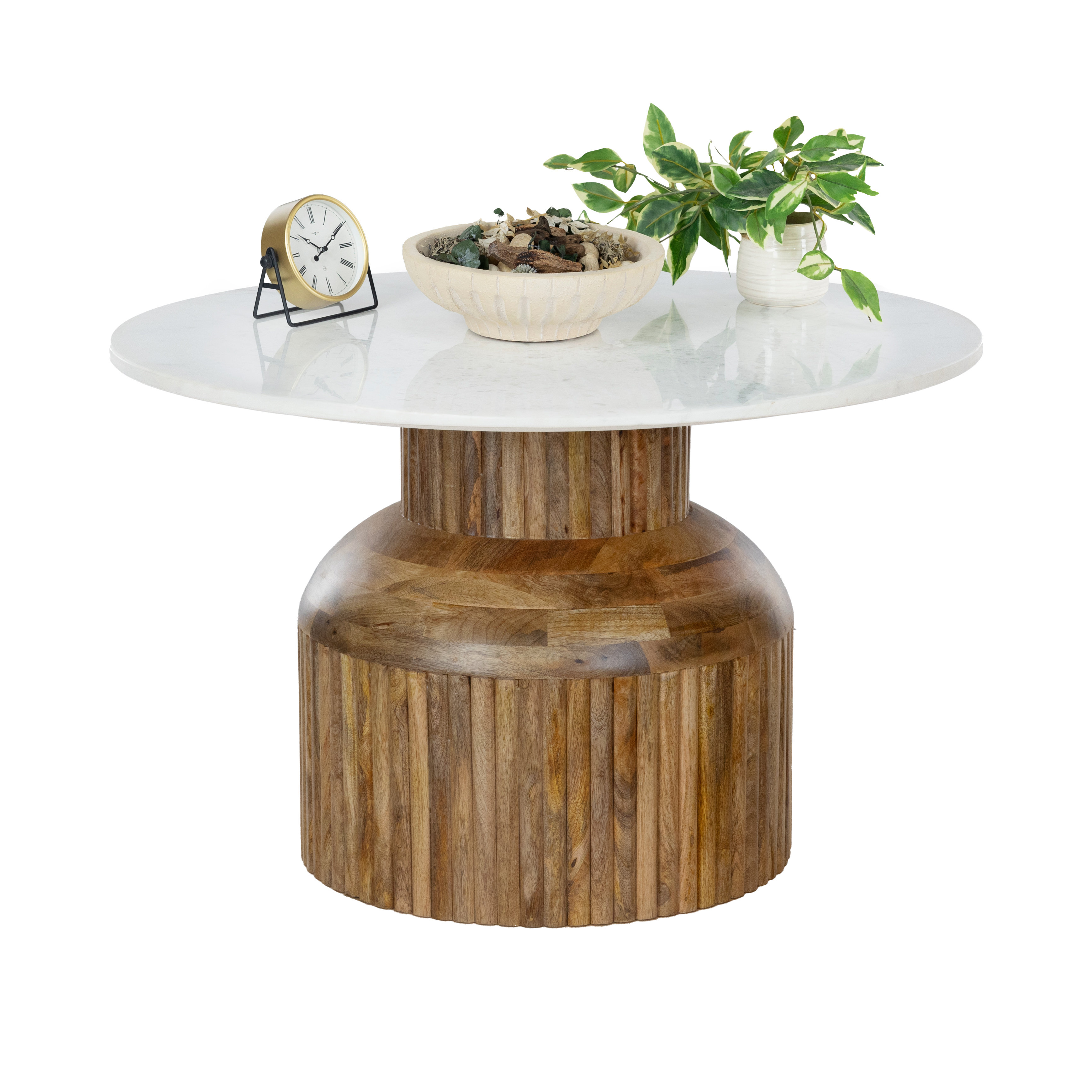 RRI Goods 33'' Round White Marble Top Coffee Table with Pleated Mango Wood Base | Wayfair