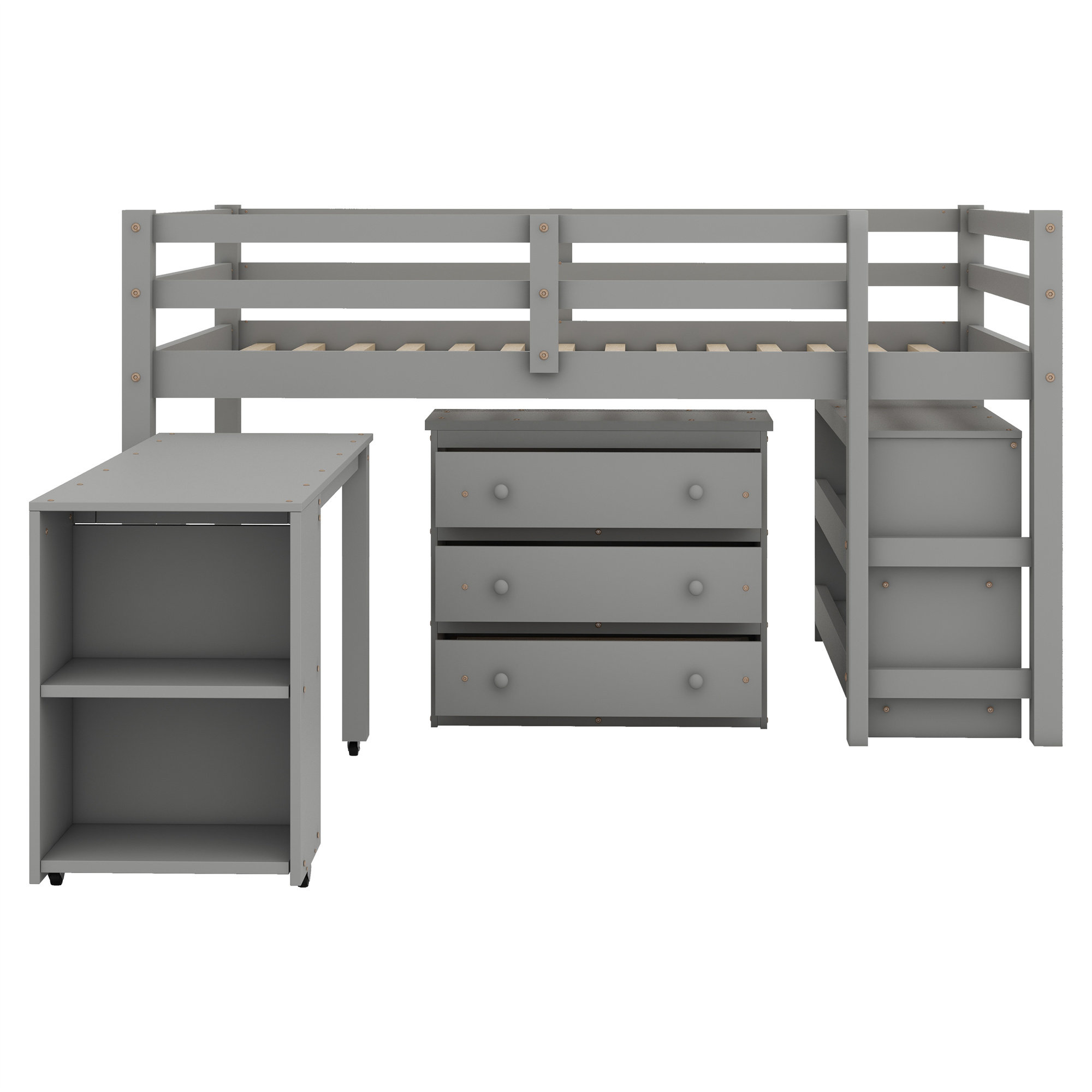 Harriet Bee Low Study Loft Bed With Drawers,Shelves And Rolling ...