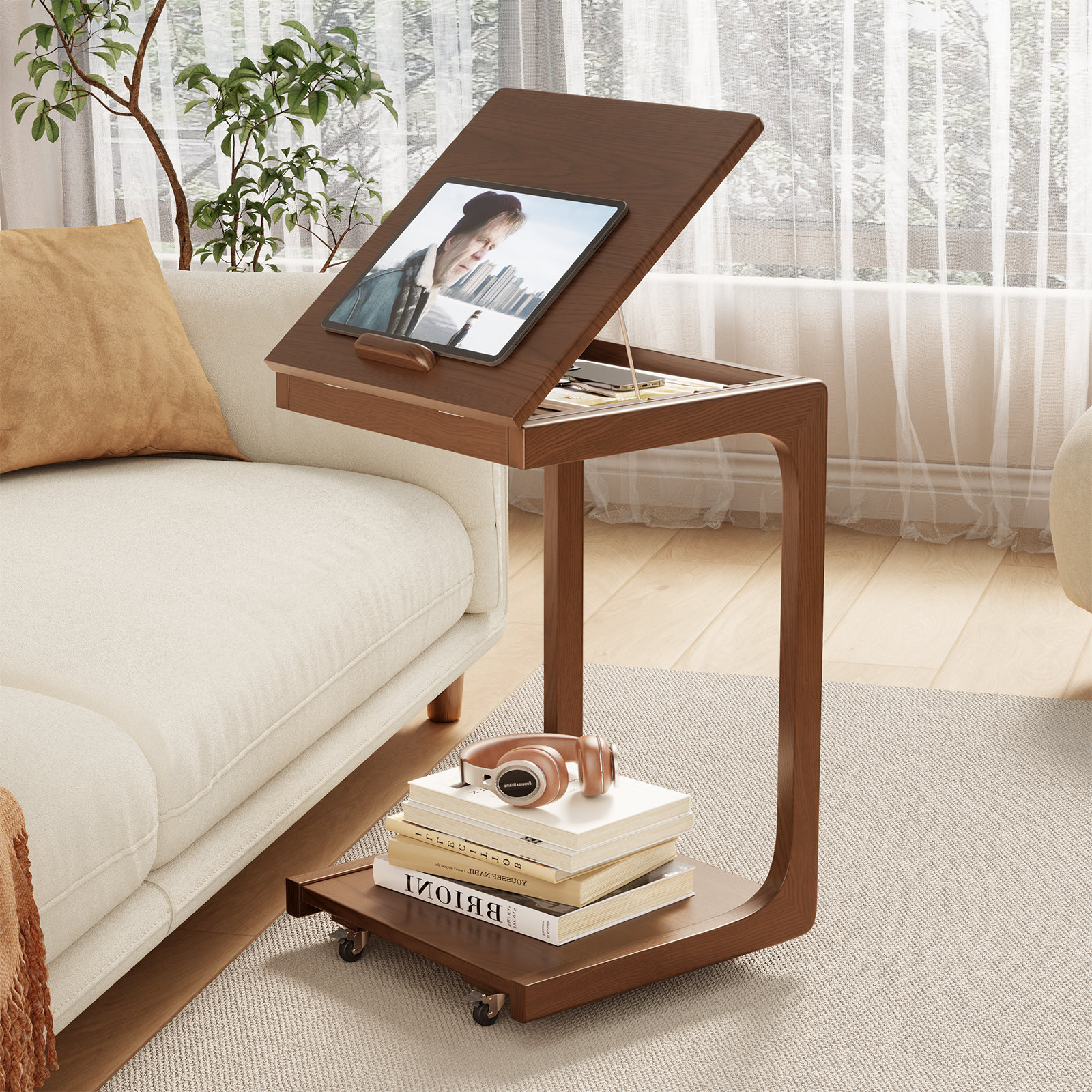 Ebern Designs C Shaped End Table for Couch, C Table with Wheels, Wooden ...