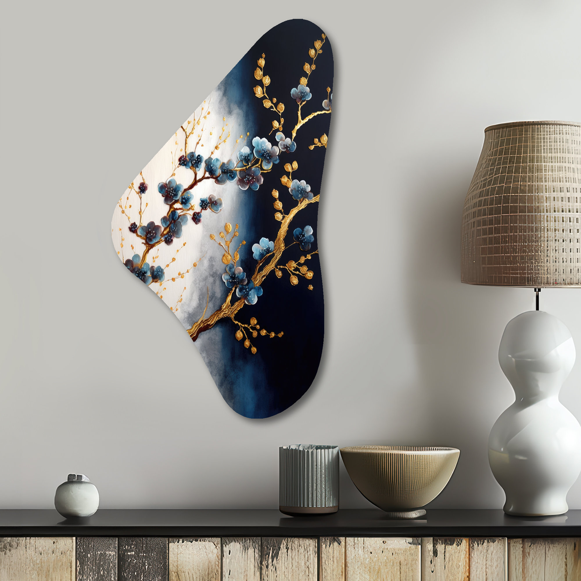 Design Art Blue Cherry Blossom Branch VI - Tree Bonsai Boomerang Shape ...